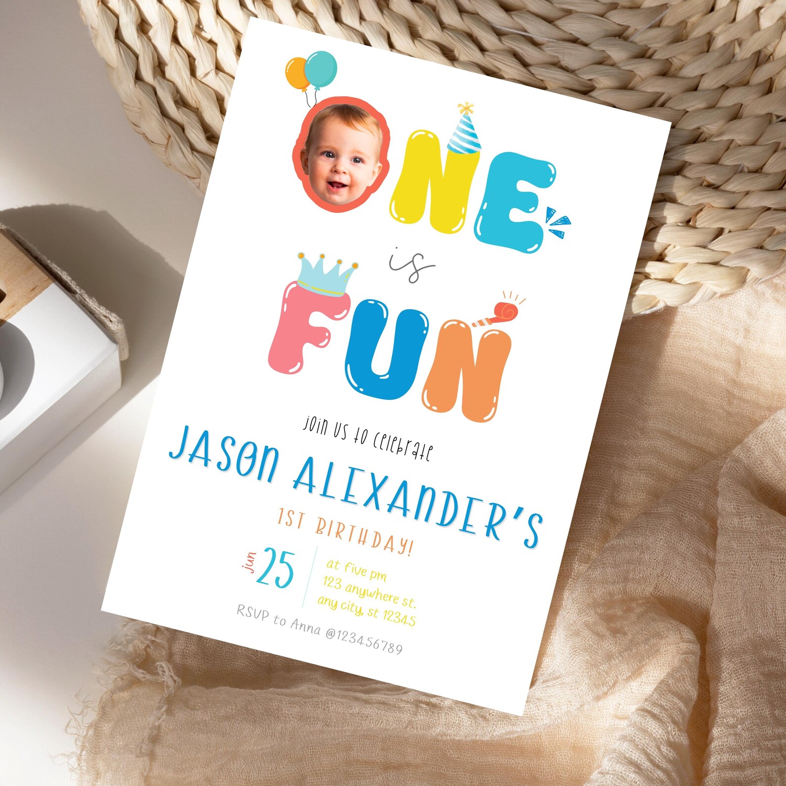 Printable One is Fun Photo Birthday Invitation, Gender Neutral Fun to ...