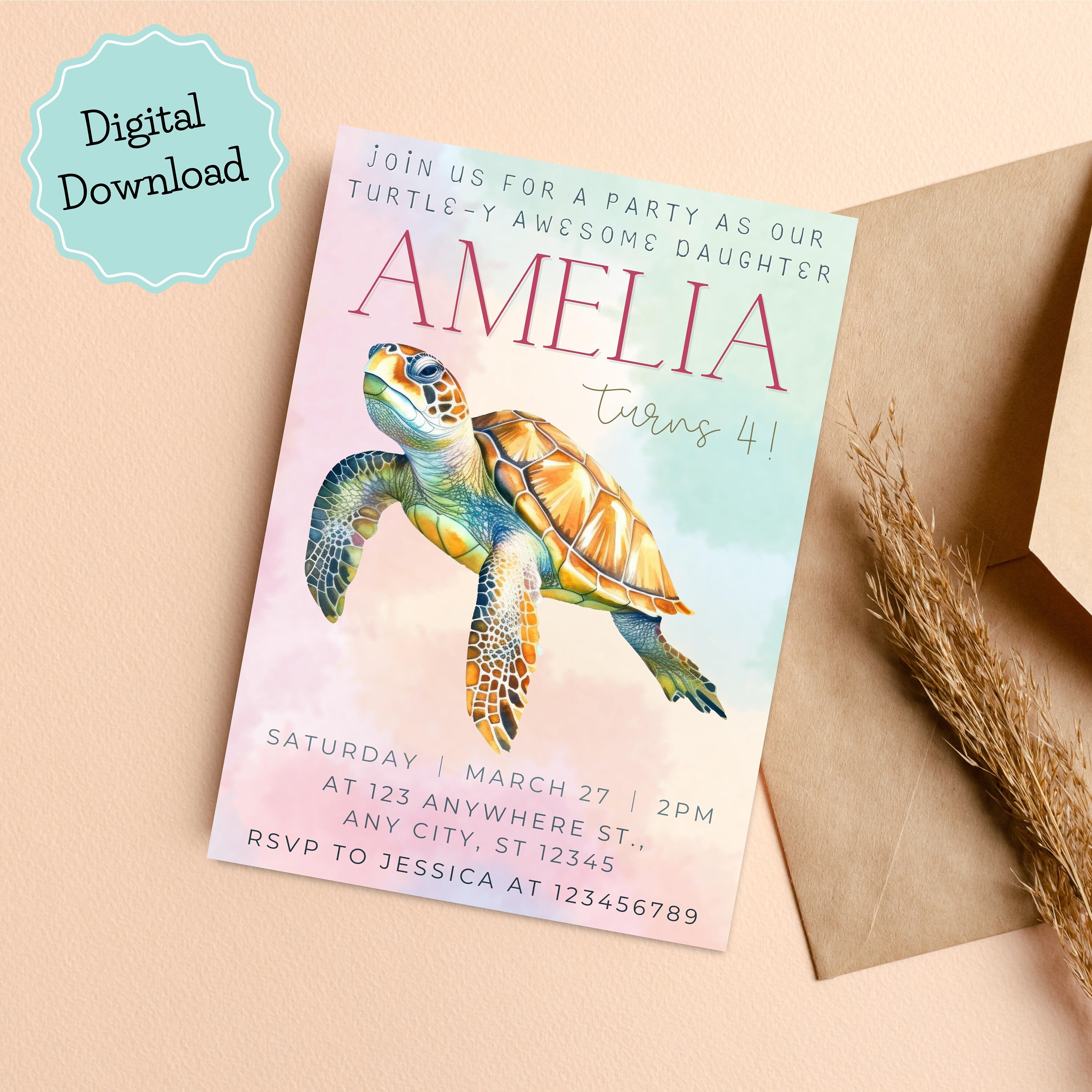 Printable Turtle Invitation Watercolor Turtle Birthday - Etsy