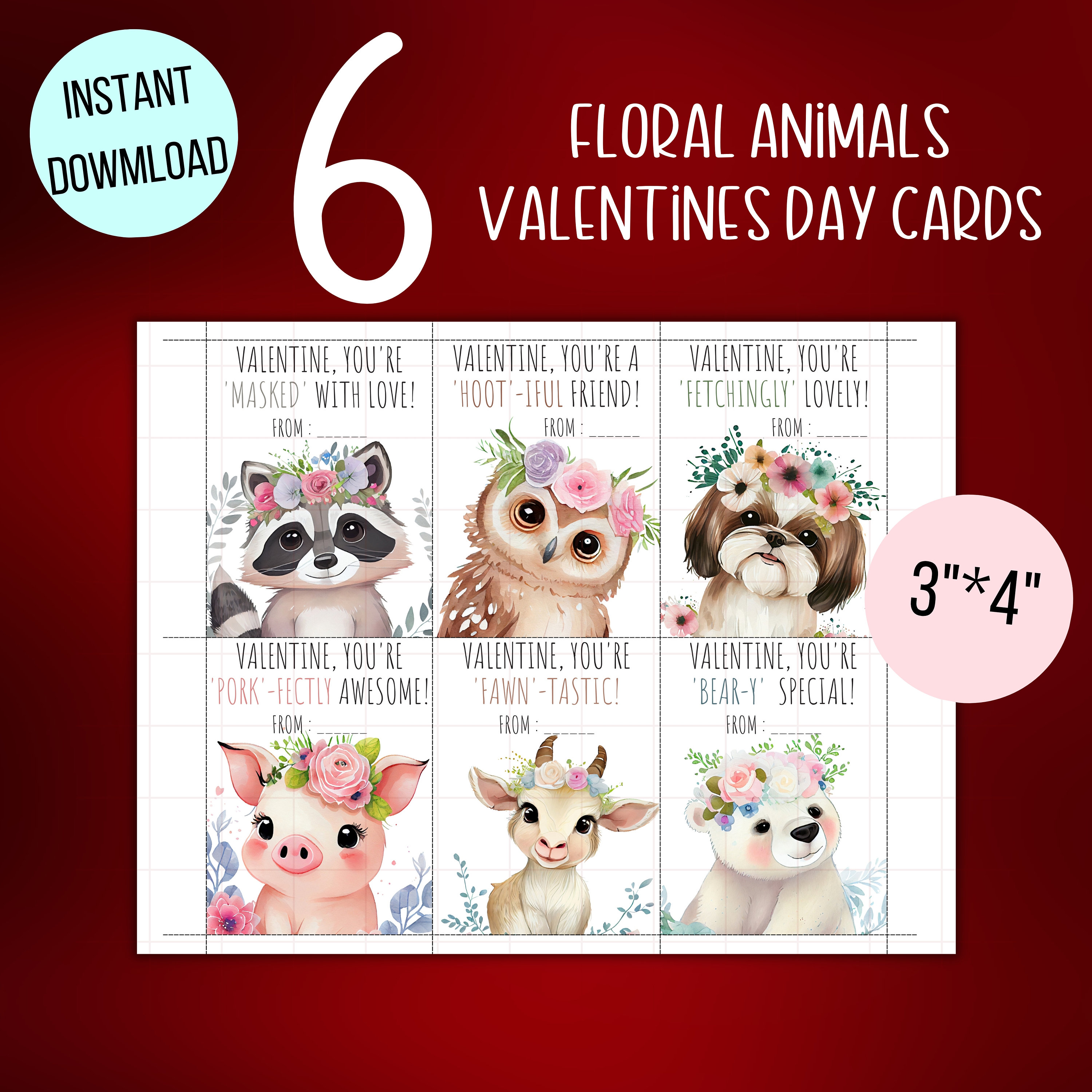 Printable Cute Animals Valentine's Cards, Floral Animals Kids ...