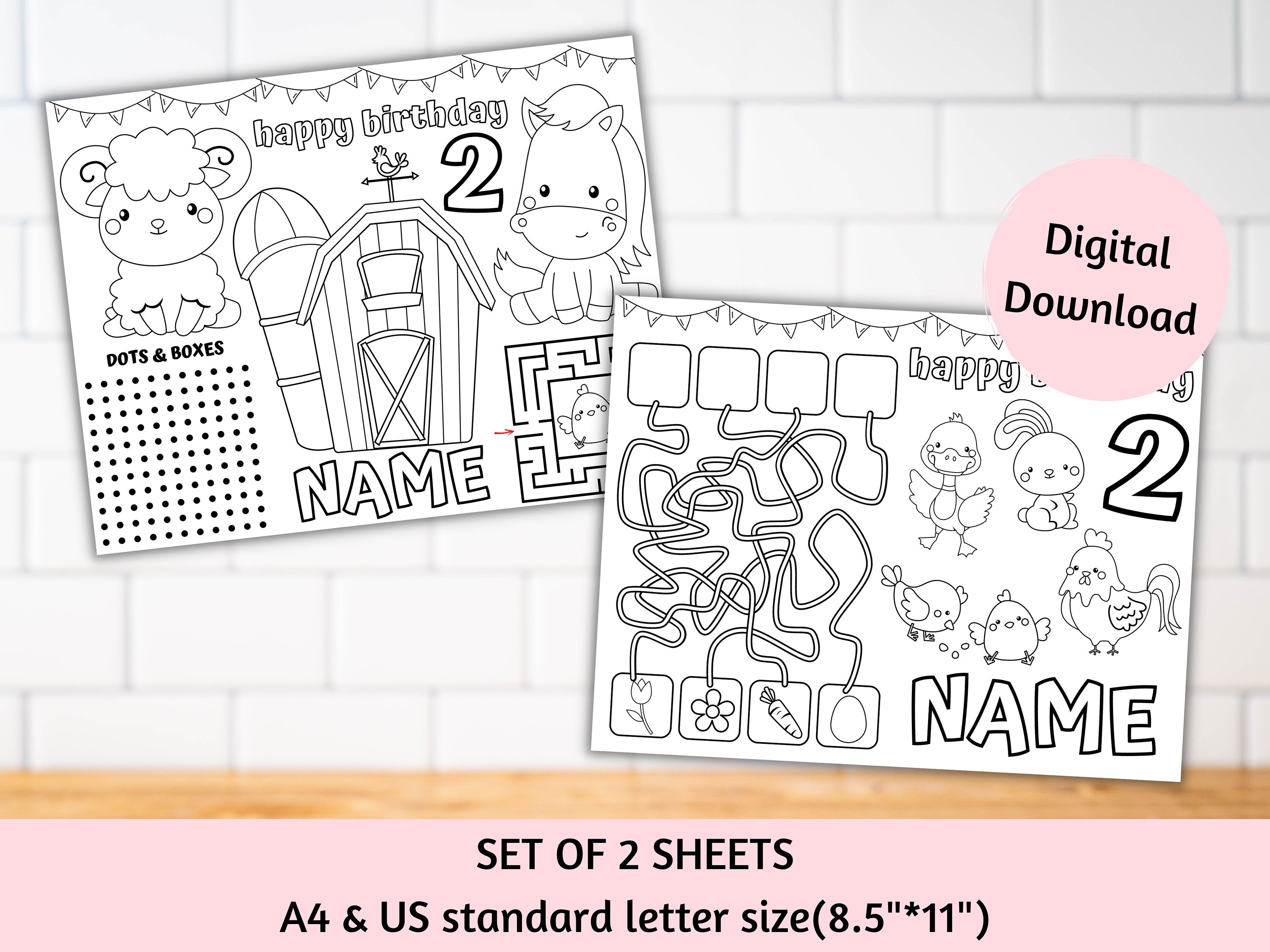 Coloring Page Farm Animals Birthday Party Activity Games for Kids ...