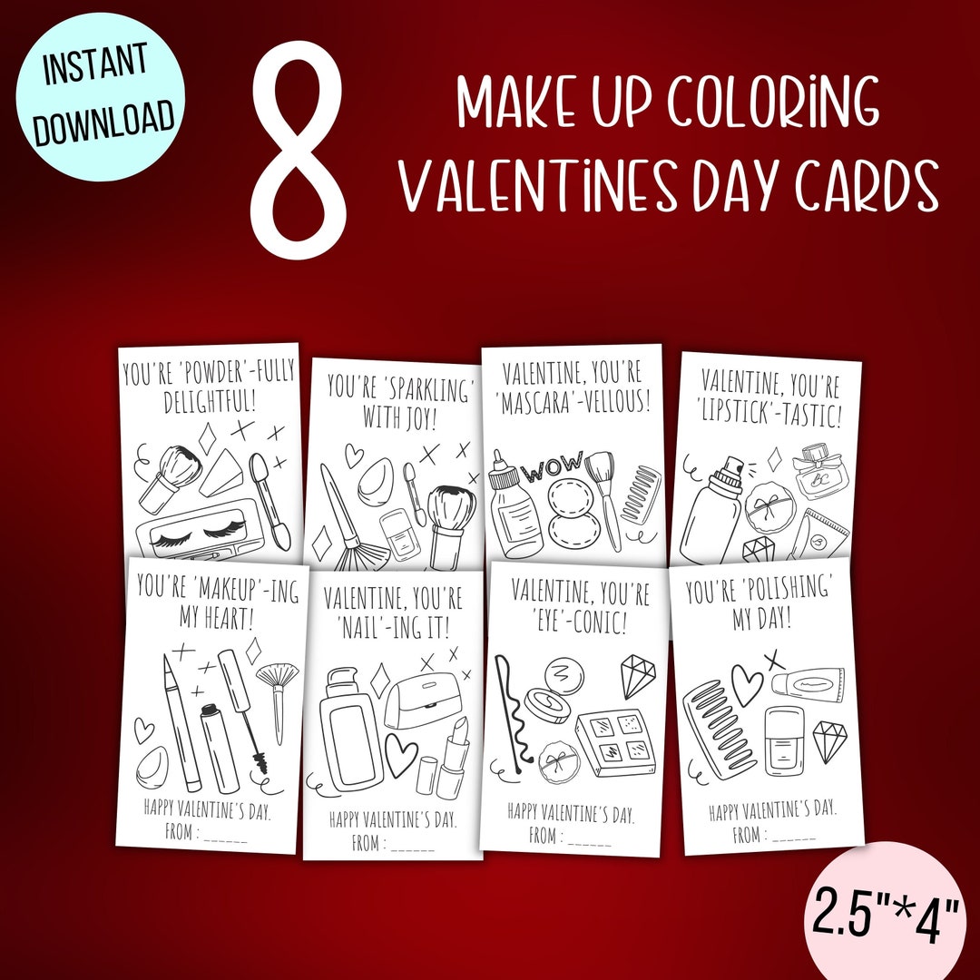 Printable Makeup Kids Coloring Valentine's Cards, Girly Fashion ...