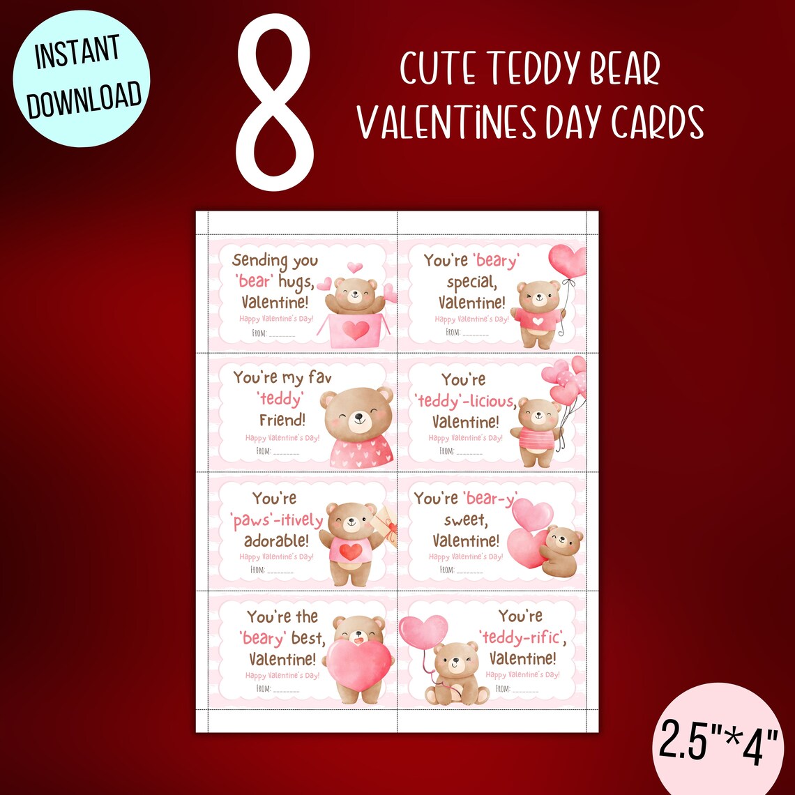 Printable Teddy Bear Valentine's Cards for Kids Cute - Etsy