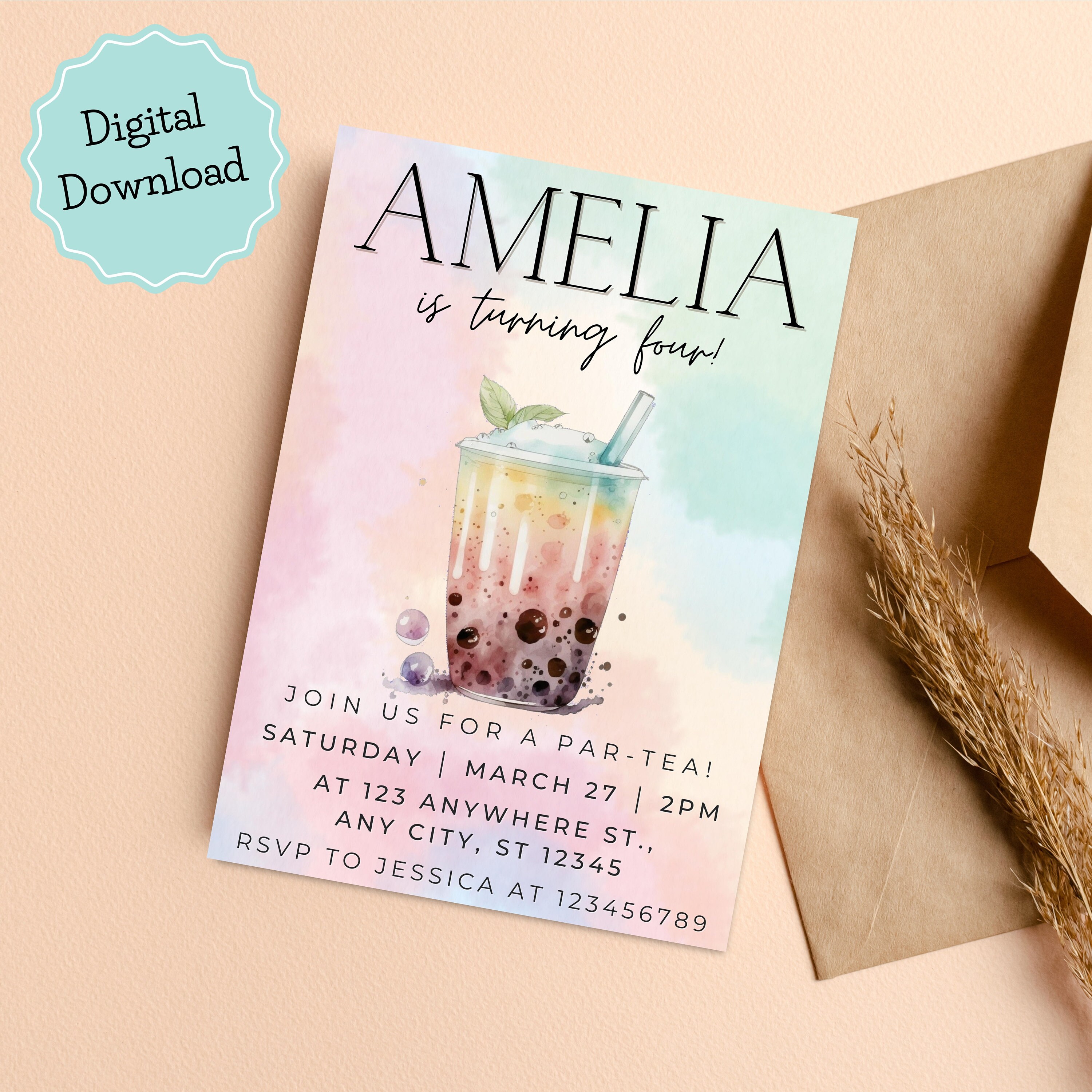 Printable Boba Bubble Tea Birthday Party Invitation, Cute Rainbow ...