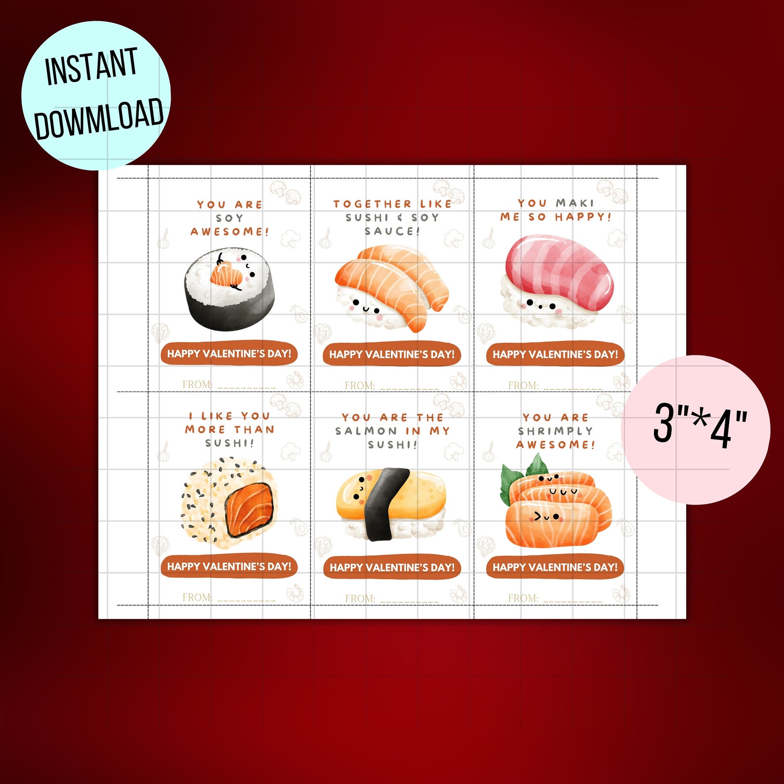 Kids Classroom School Valentines Day Cards, Preschool Sushi Valentines ...
