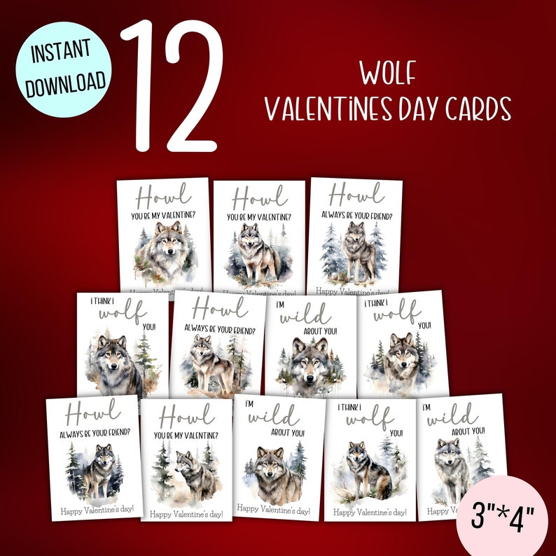 Printable Wild Wolf Valentine's Cards for Kids, Animals Wolf Valentines ...