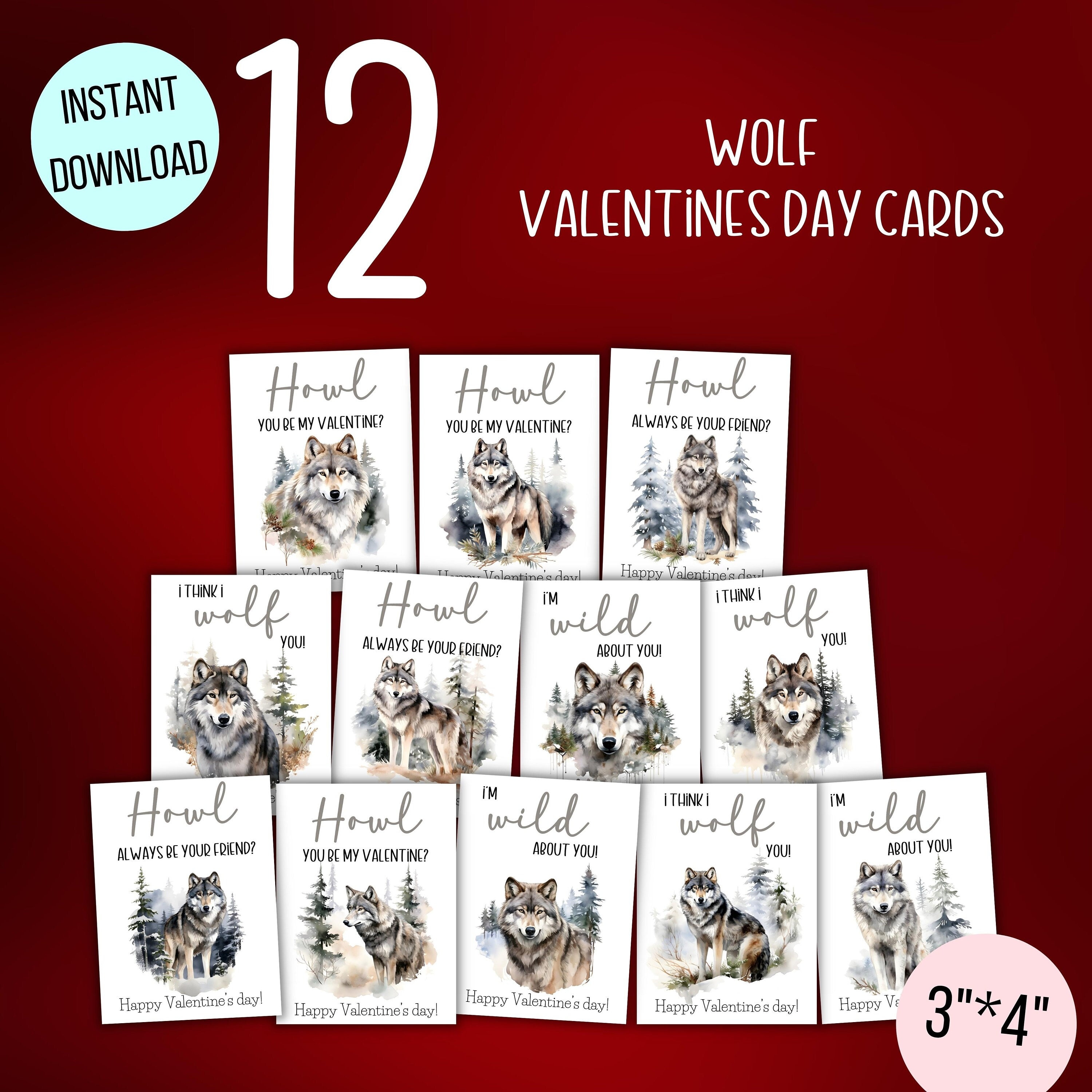 Printable Wild Wolf Valentine's Cards for Kids, Animals Wolf Valentines ...