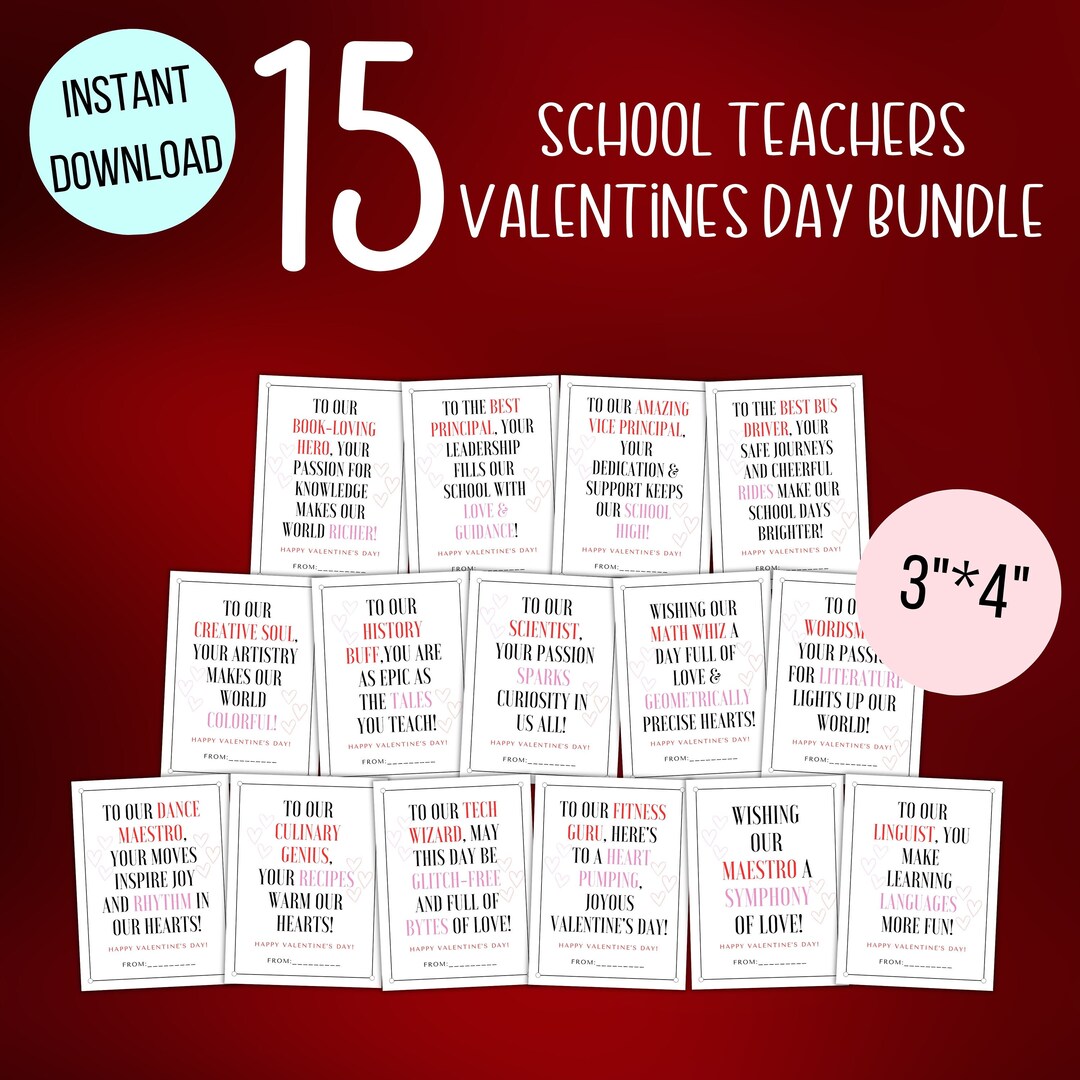 Printable School Teacher Valentines Cards Bundle, Tracher Valentines ...