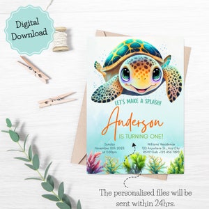 Printable Turtle Invitation, Watercolor Turtle Birthday Invite, Turtle ...