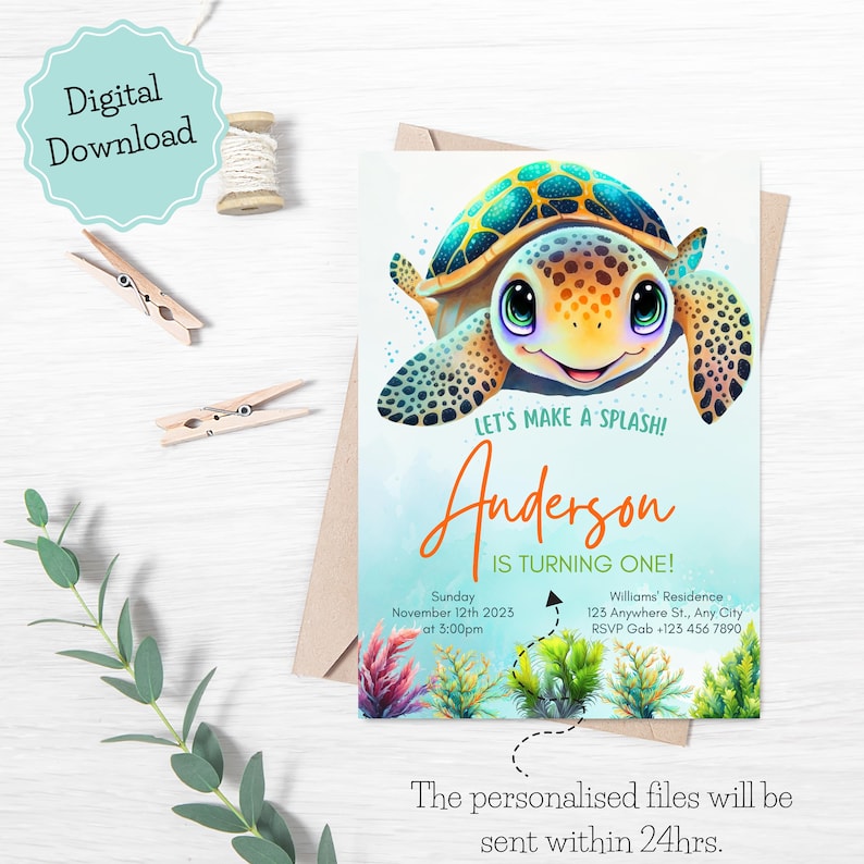 Printable Turtle Invitation, Watercolor Turtle Birthday Invite, Turtle ...