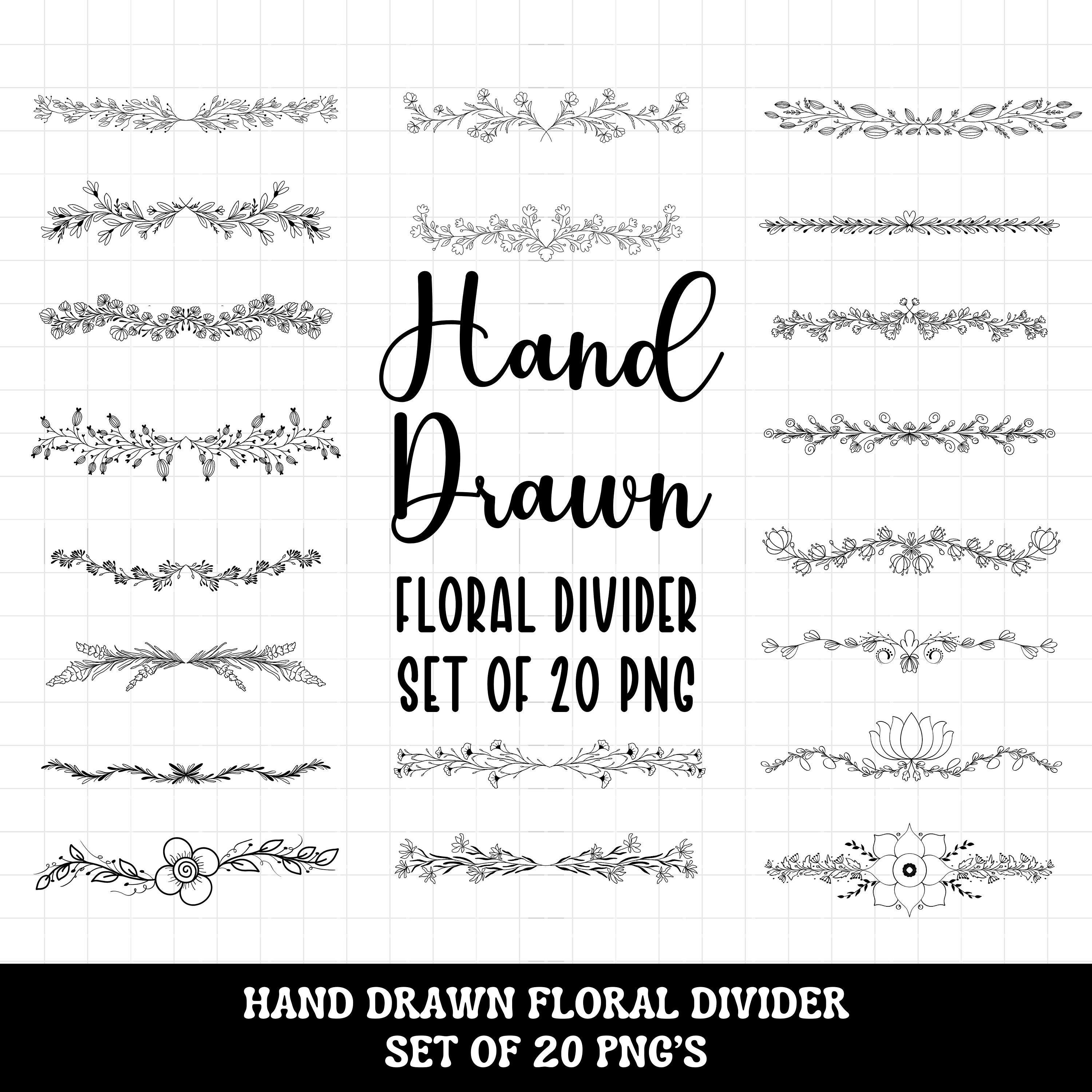 Hand Drawn Floral Divider PNG Bundle, Leaf Flower Decorative Border PNG ...