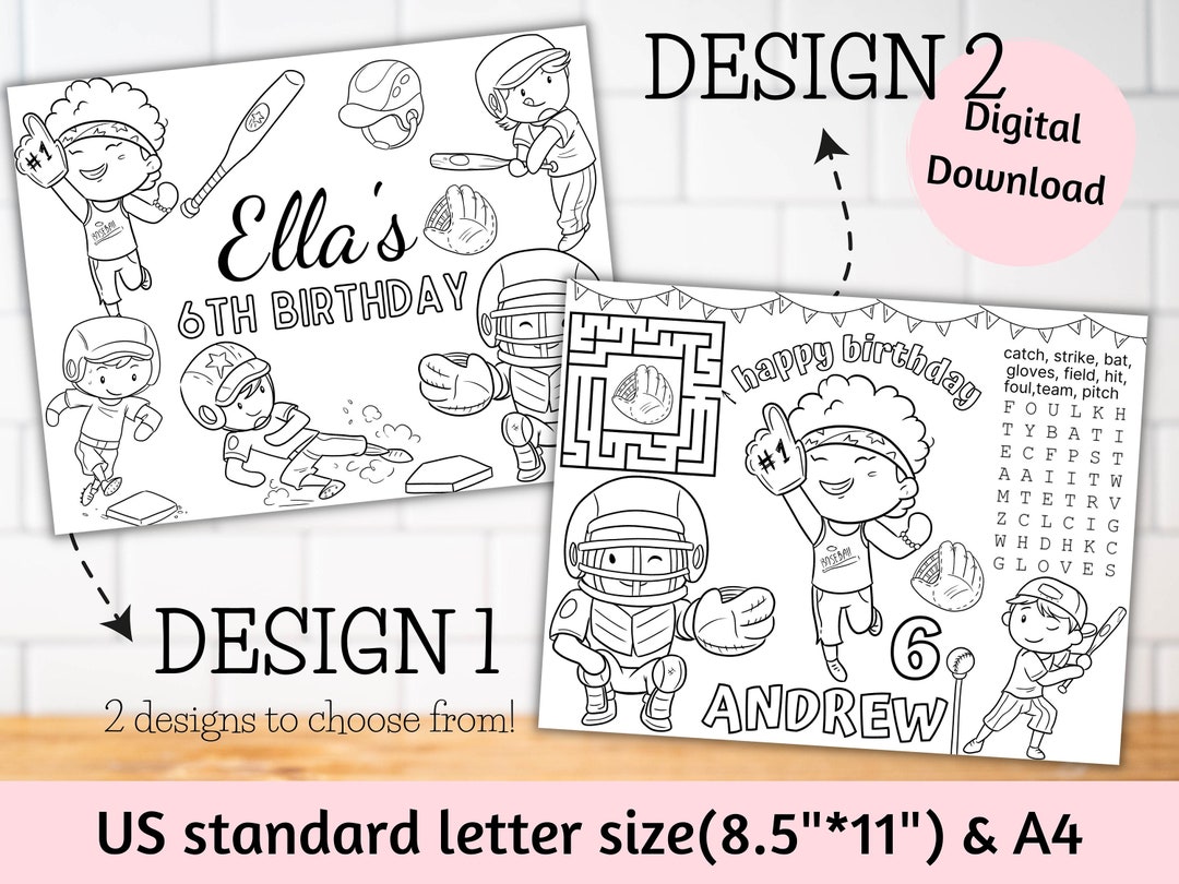 Personalized Baseball Birthday Placemats Activity Sheet Coloring Page ...