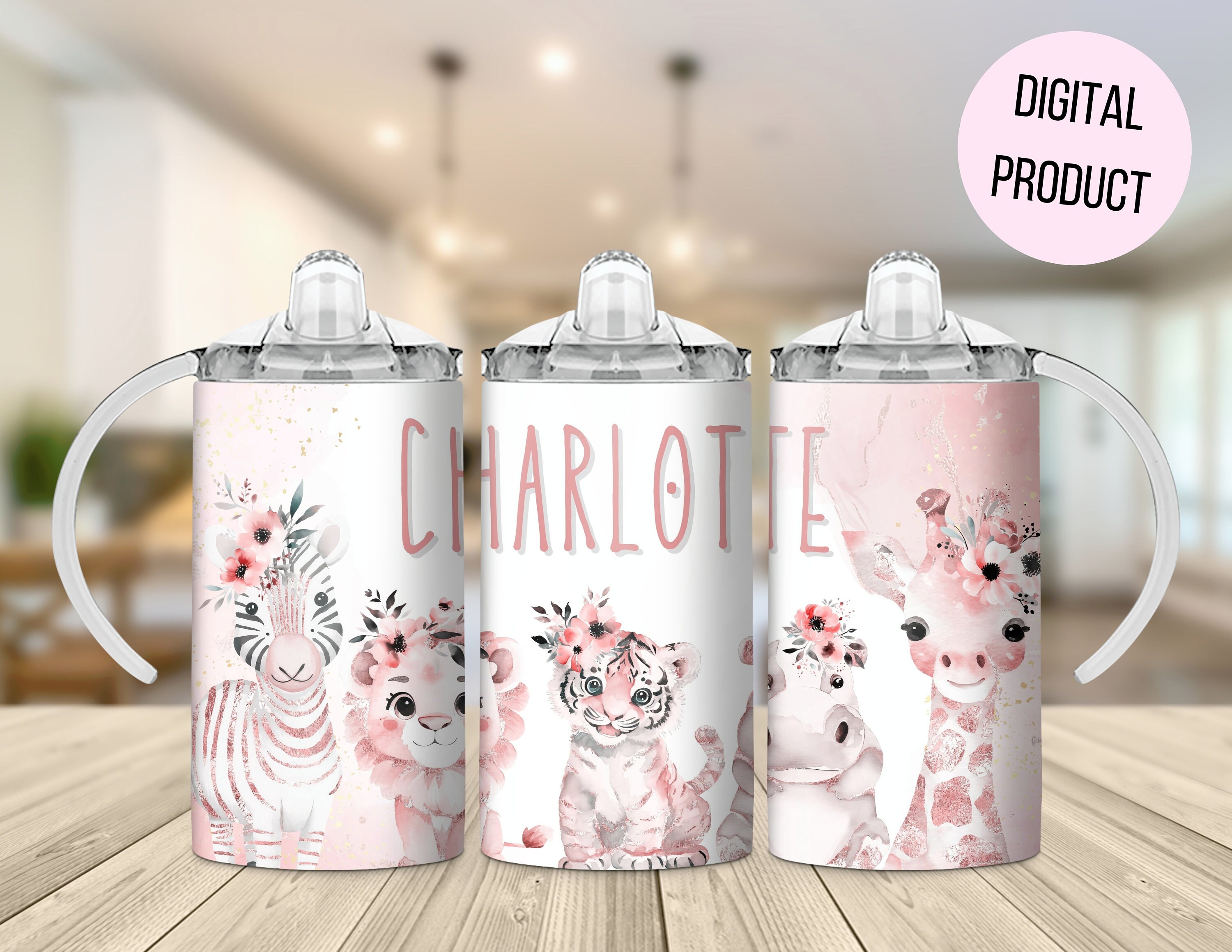 Personalized Rose Gold Safari Animals Kids 12oz Sippy Cup Sublimation ...
