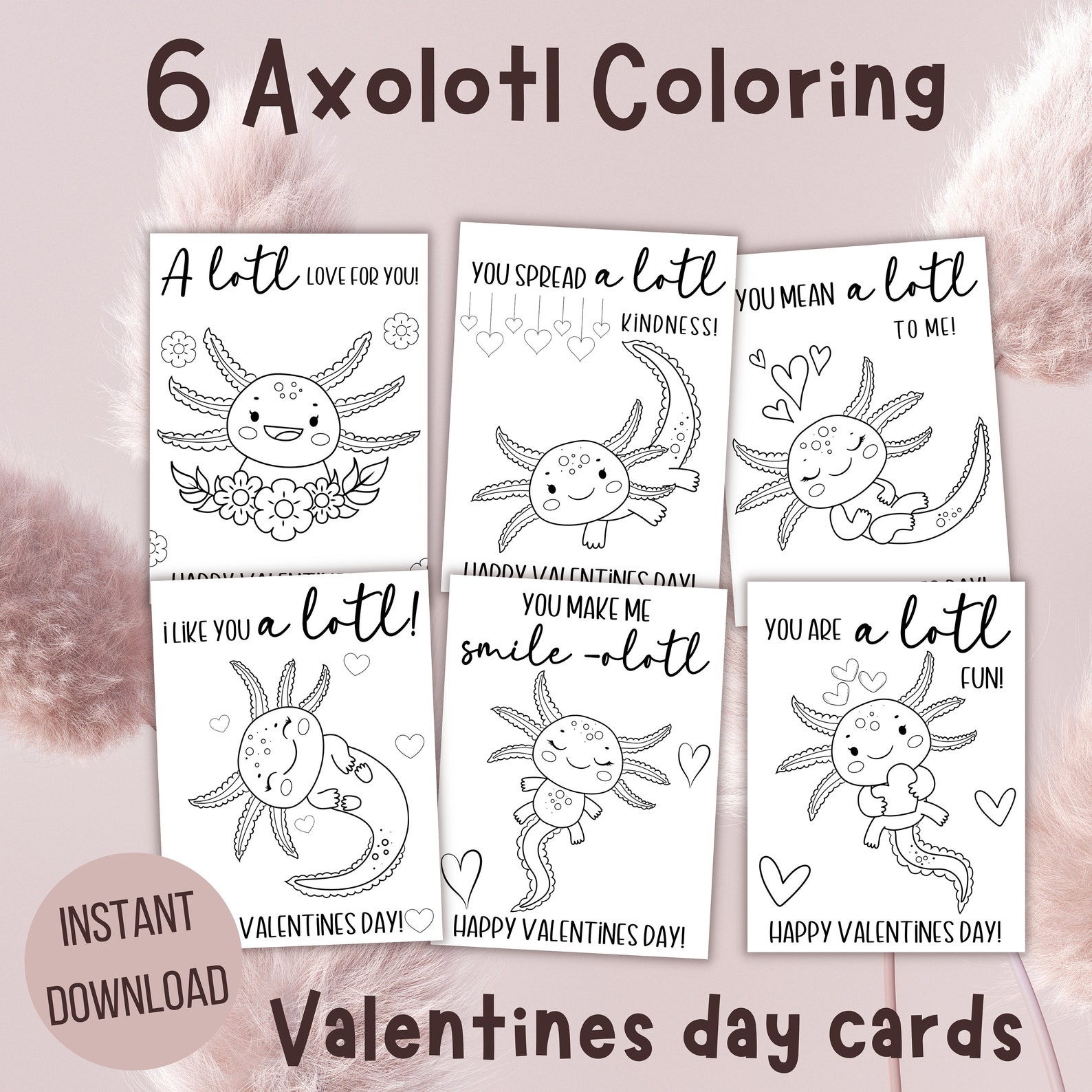 Printable Axolotl Coloring Valentine's Day Cards, School Classroom ...