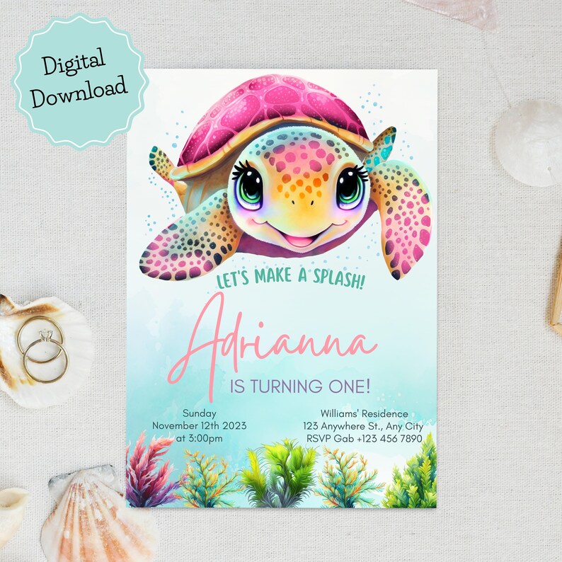Printable Turtle Invitation, Watercolor Turtle Birthday Invite, Turtle ...