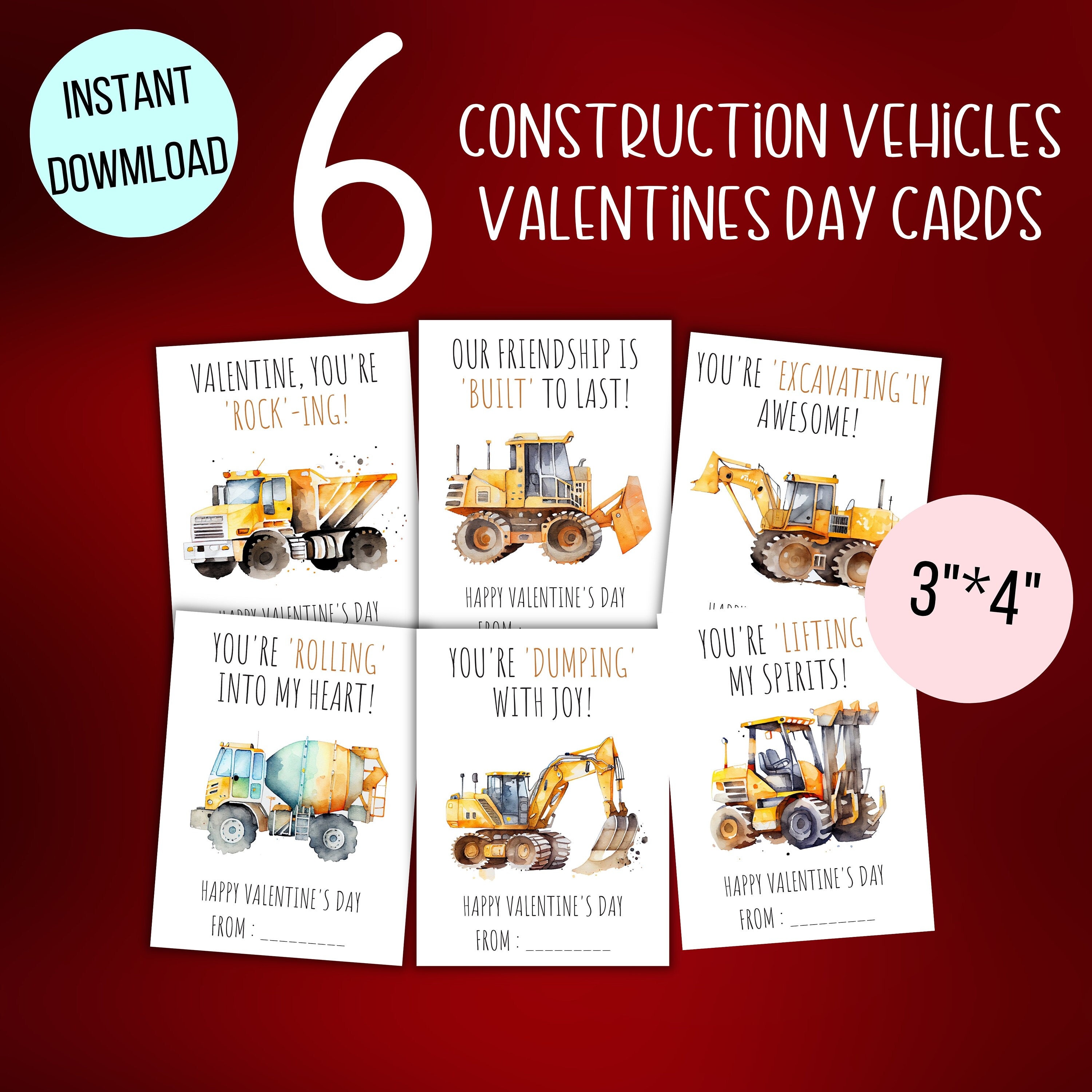 Printable Construction Vehicles Valentine's Day Cards, School Classroom ...