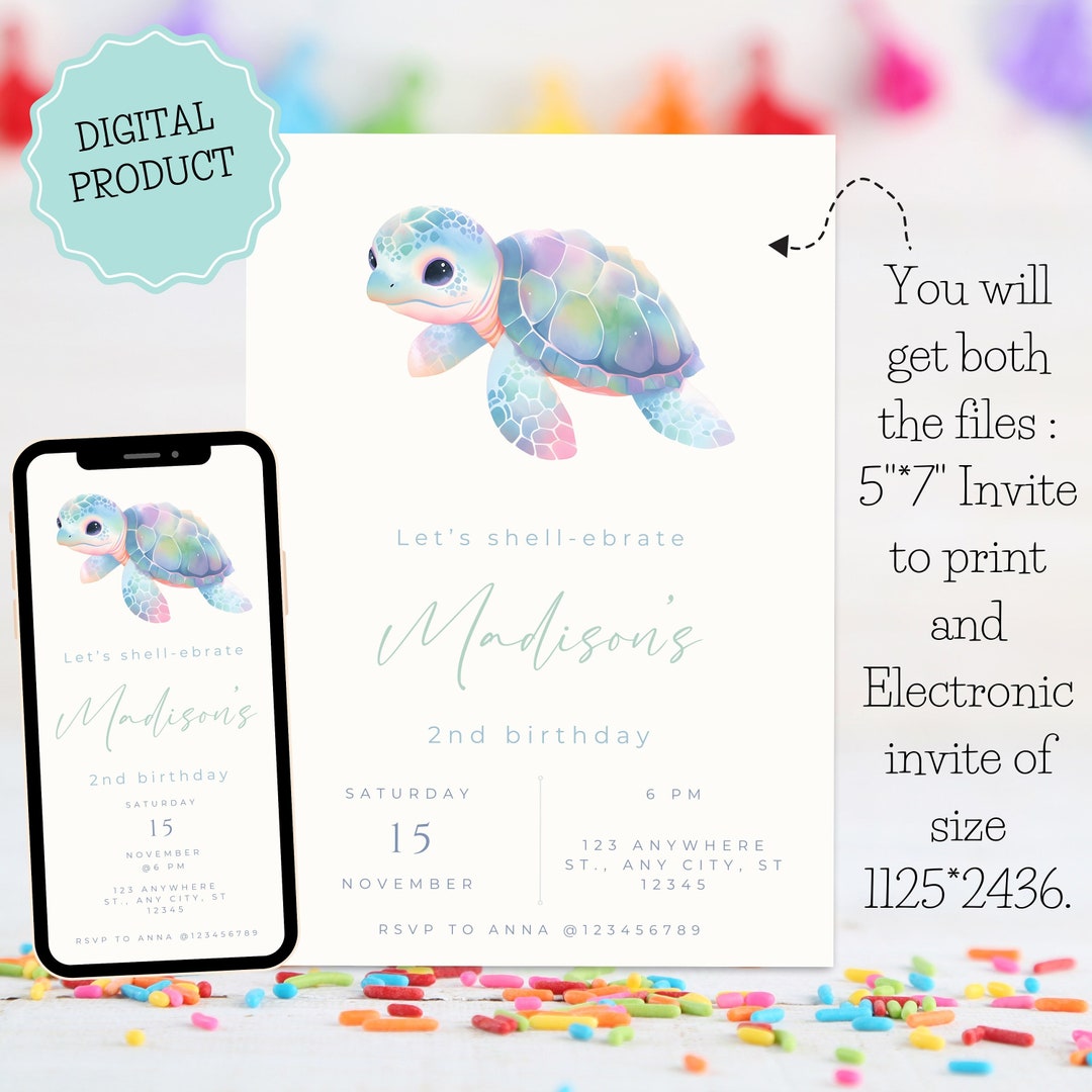 Printable Turtle Invitation, Watercolor Turtle Birthday Invite, Turtle ...