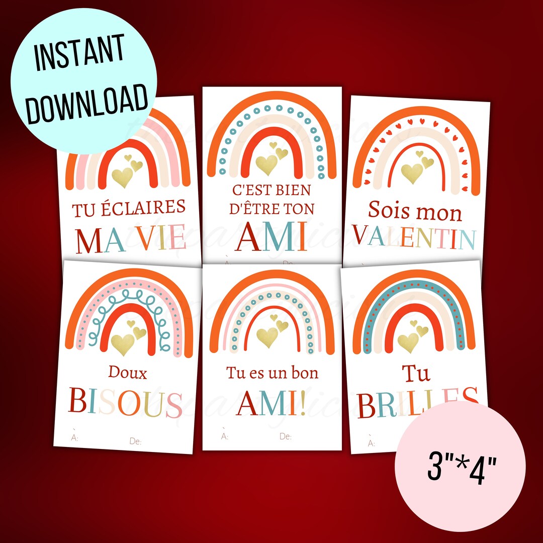 FRENCH Rainbow Valentine's Day Cards, School Classroom Valentine Cards ...