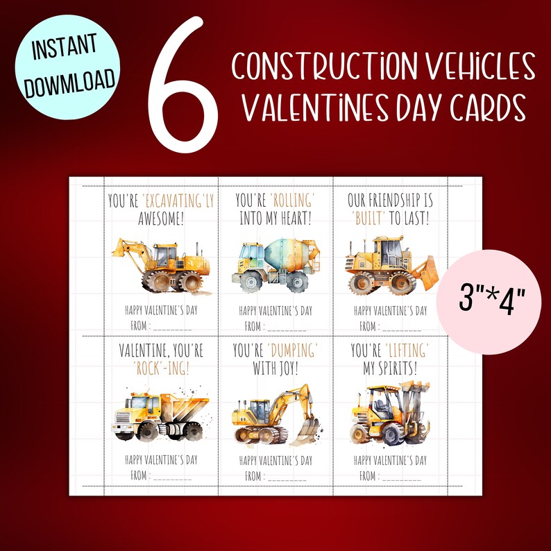 Printable Construction Vehicles Valentine's Day Cards, School Classroom ...
