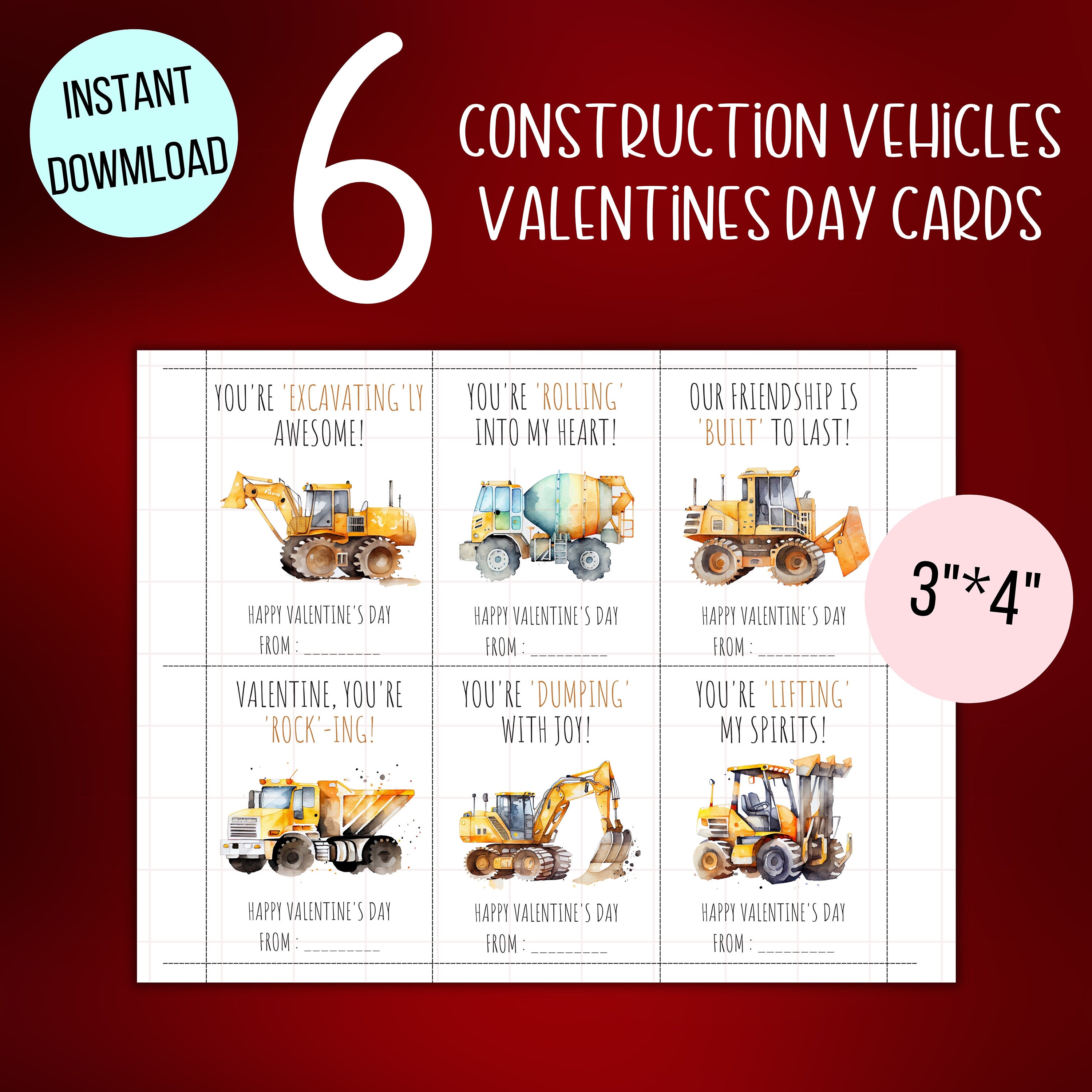 Printable Construction Vehicles Valentine's Day Cards, School Classroom ...