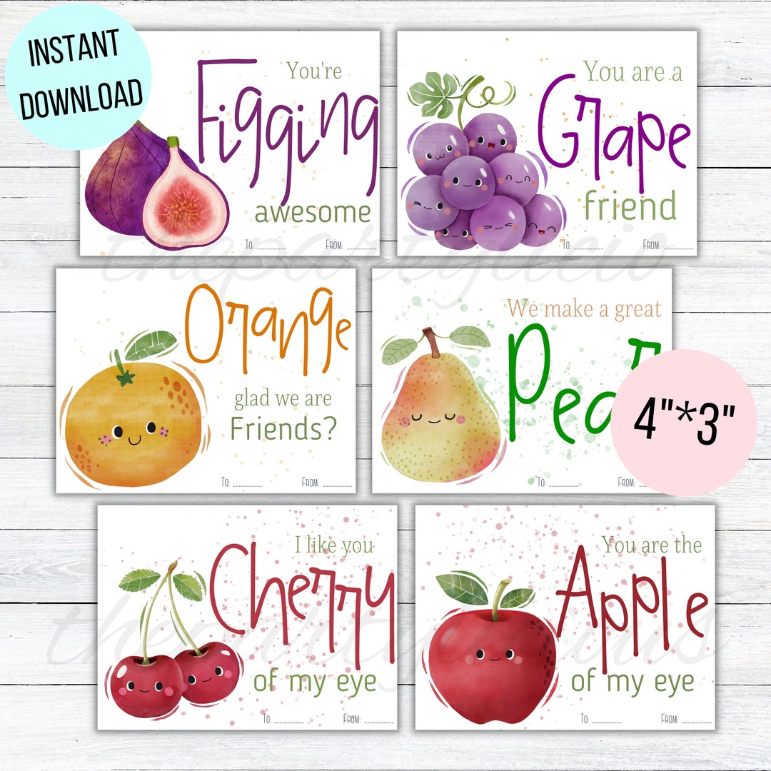 Printable Cute Fruit Valentines Day Cards for School, Kawaii Fruit ...