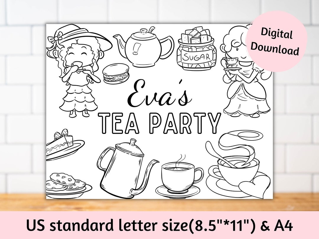 Personalized Tea Party Coloring Page for Kids, Tea Party Favors, Tea ...