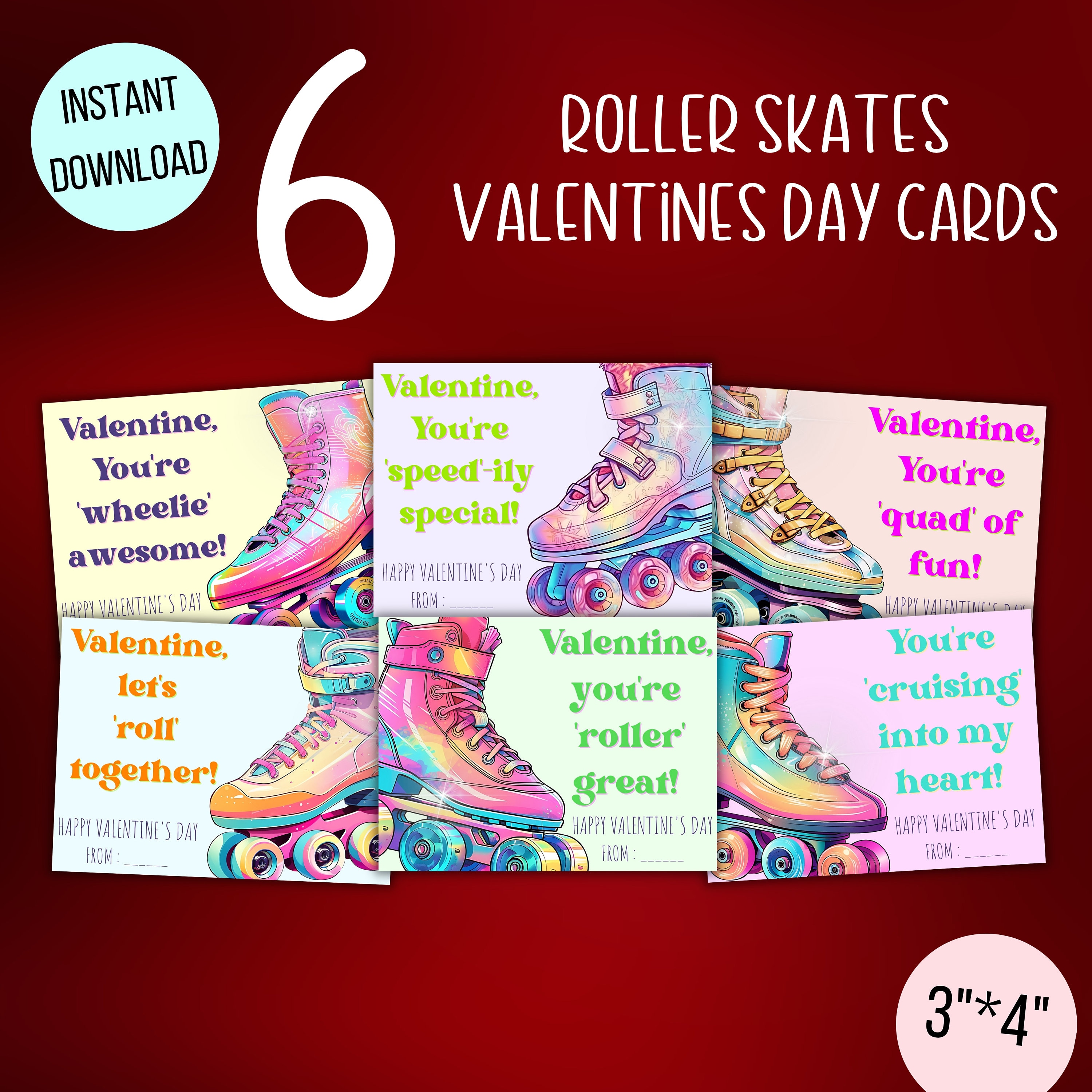 Printable Retro Skates Valentine's Cards, Roller Skates Kids Valentines ...