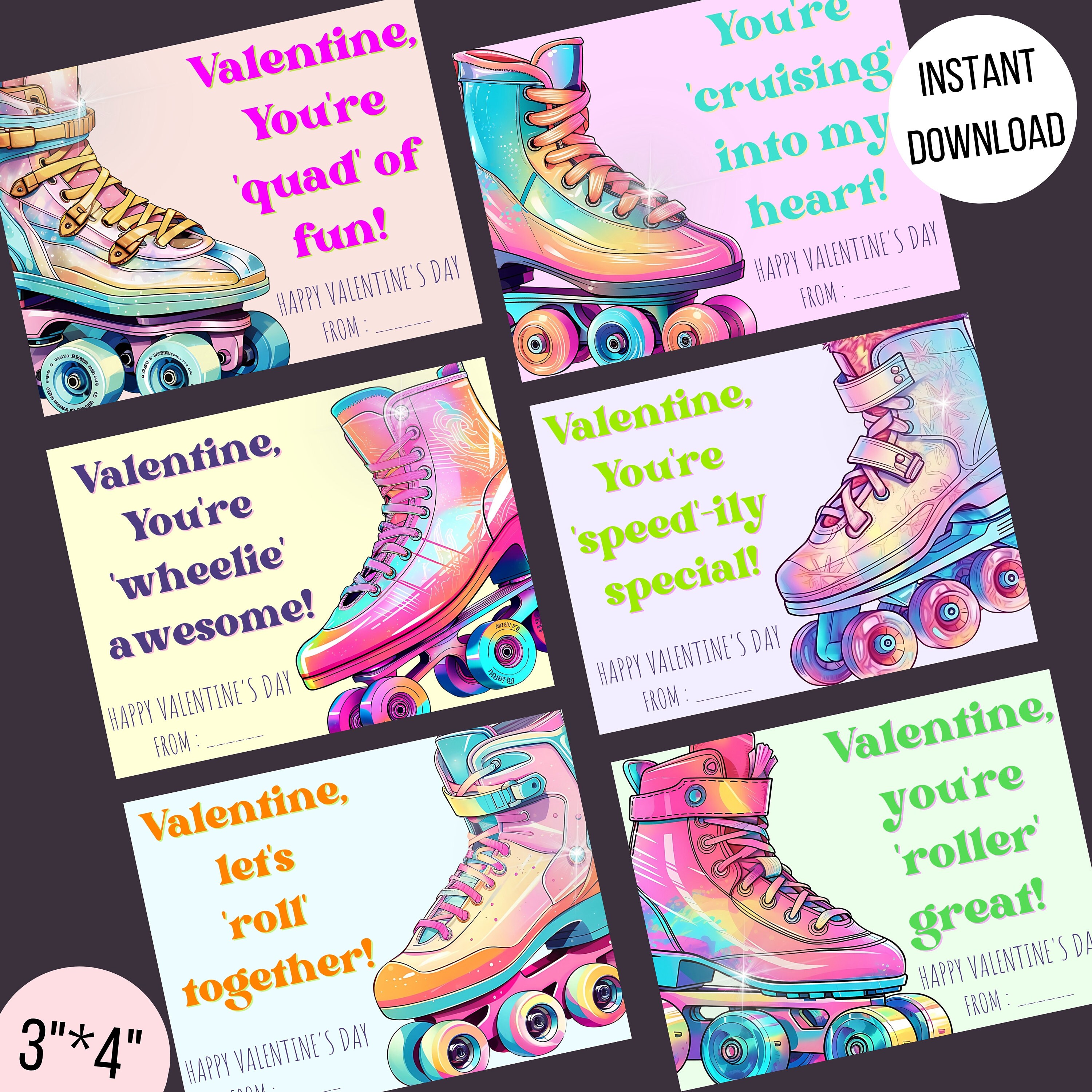 Printable Retro Skates Valentine's Cards, Roller Skates Kids Valentines ...