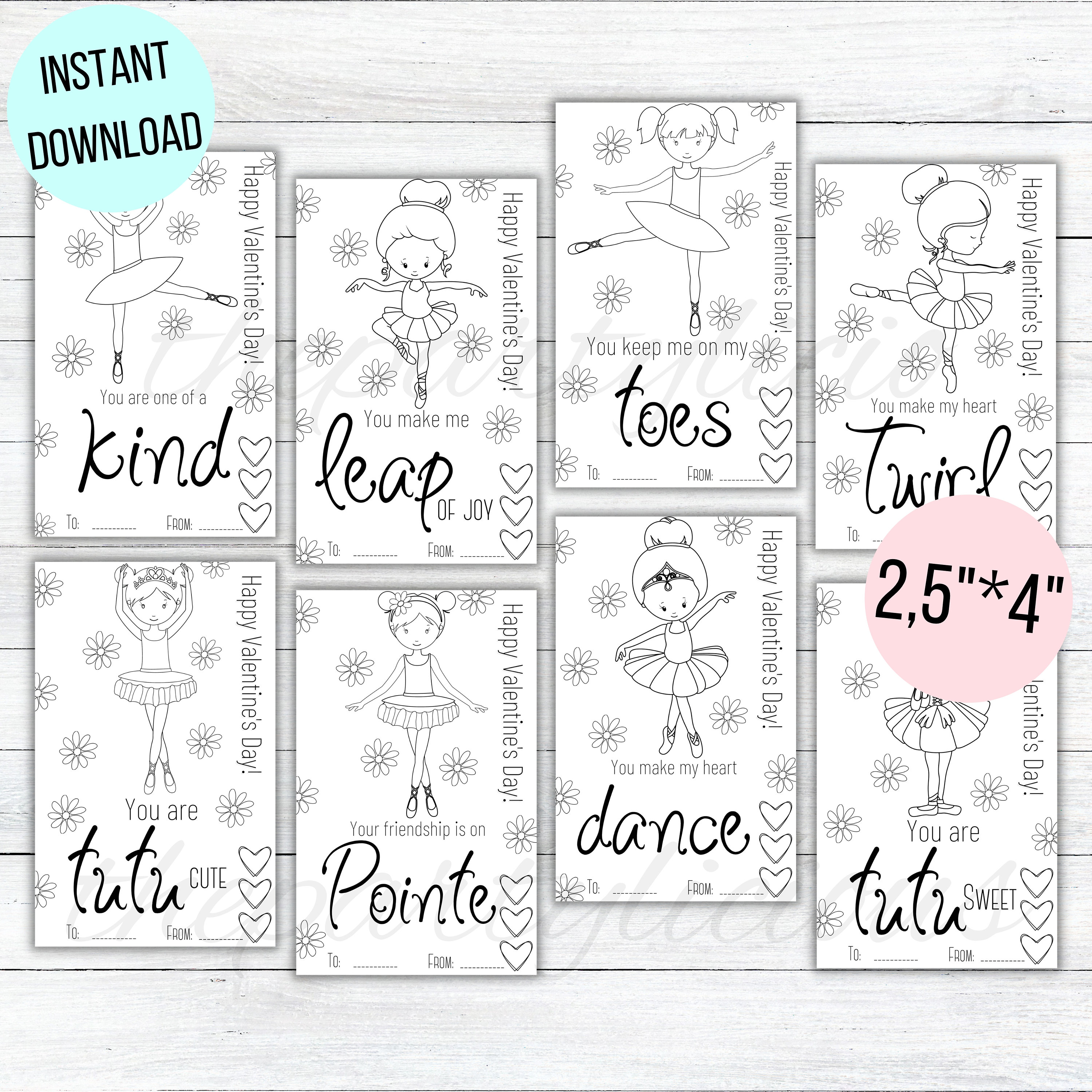 Printable Cute Ballerina Coloring Valentine's Day Cards, Ballerina ...