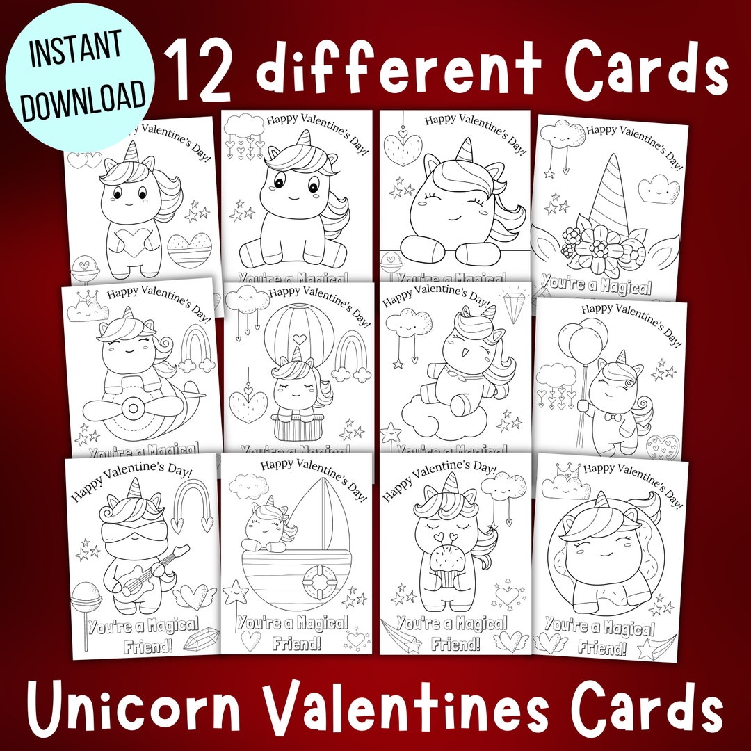 Valentine Coloring Cards for Kids, Color Your Own Valentines, Unicorn ...