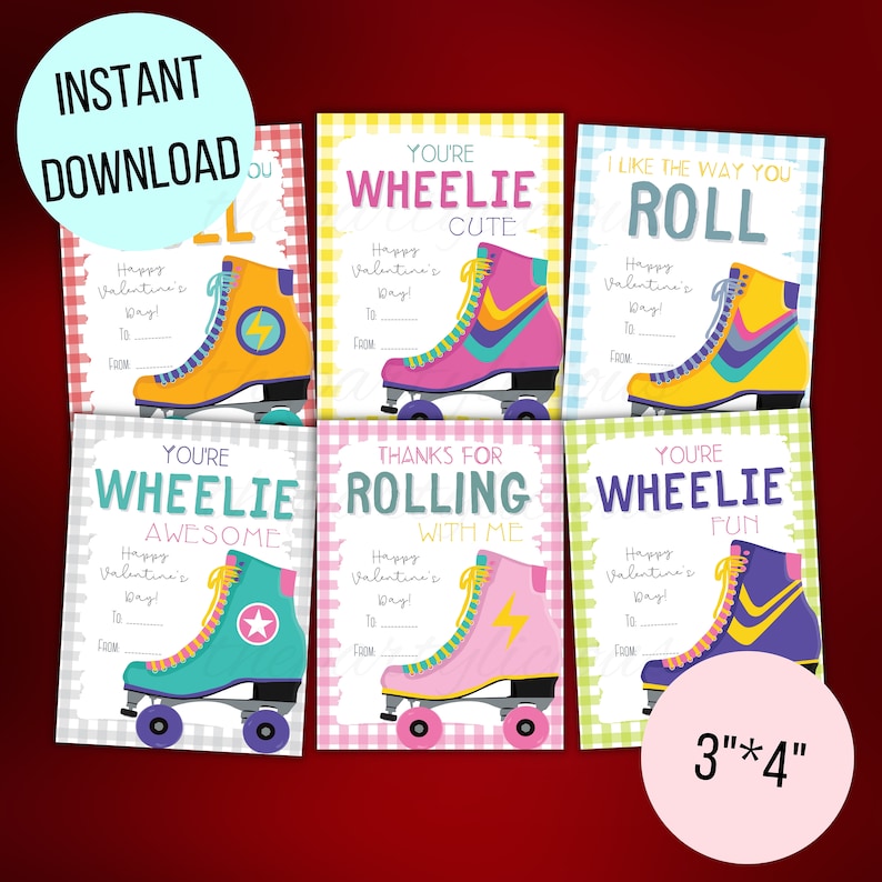 Printable Roller Skates Valentine's Day Cards, School Classroom ...