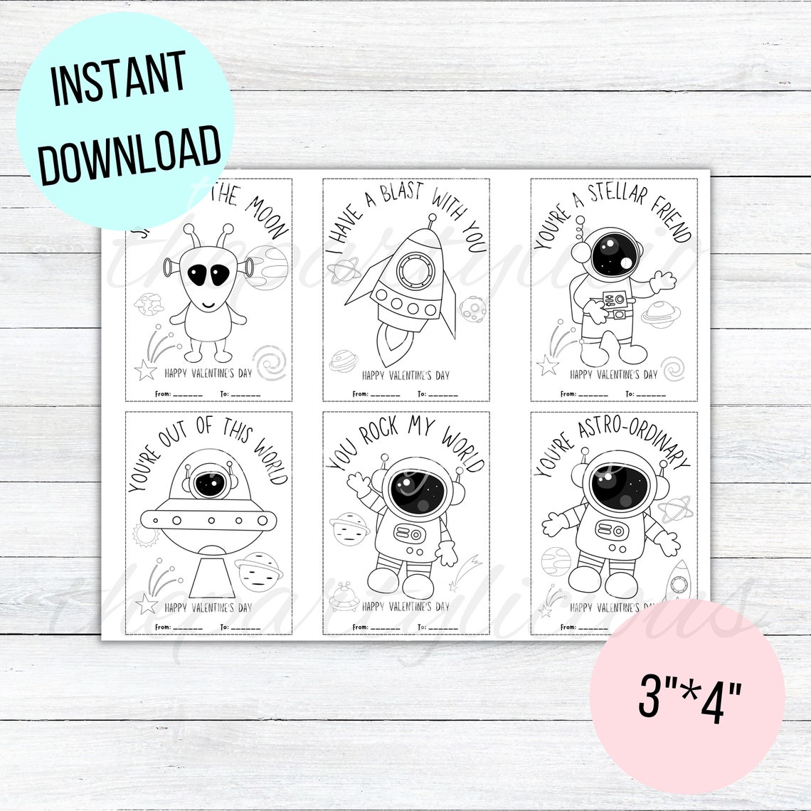 Printable Outer Space Coloring Valentine's Day Cards for School, Space ...