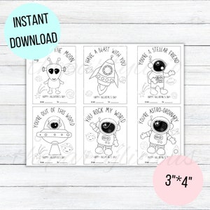 Printable Outer Space Coloring Valentine's Day Cards for School, Space ...