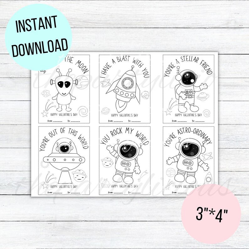 Printable Outer Space Coloring Valentine's Day Cards for School, Space ...