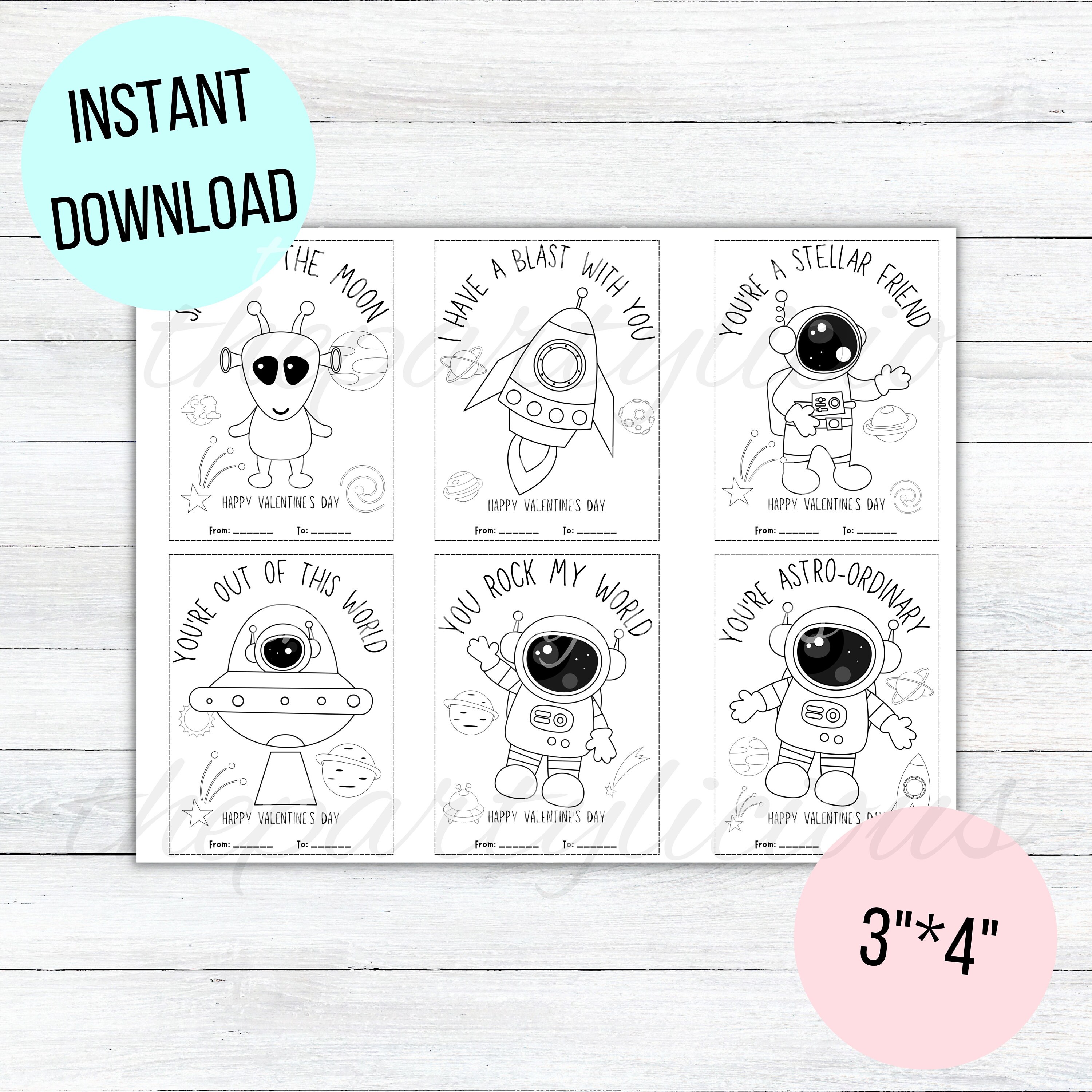 Printable Outer Space Coloring Valentine's Day Cards for School, Space ...