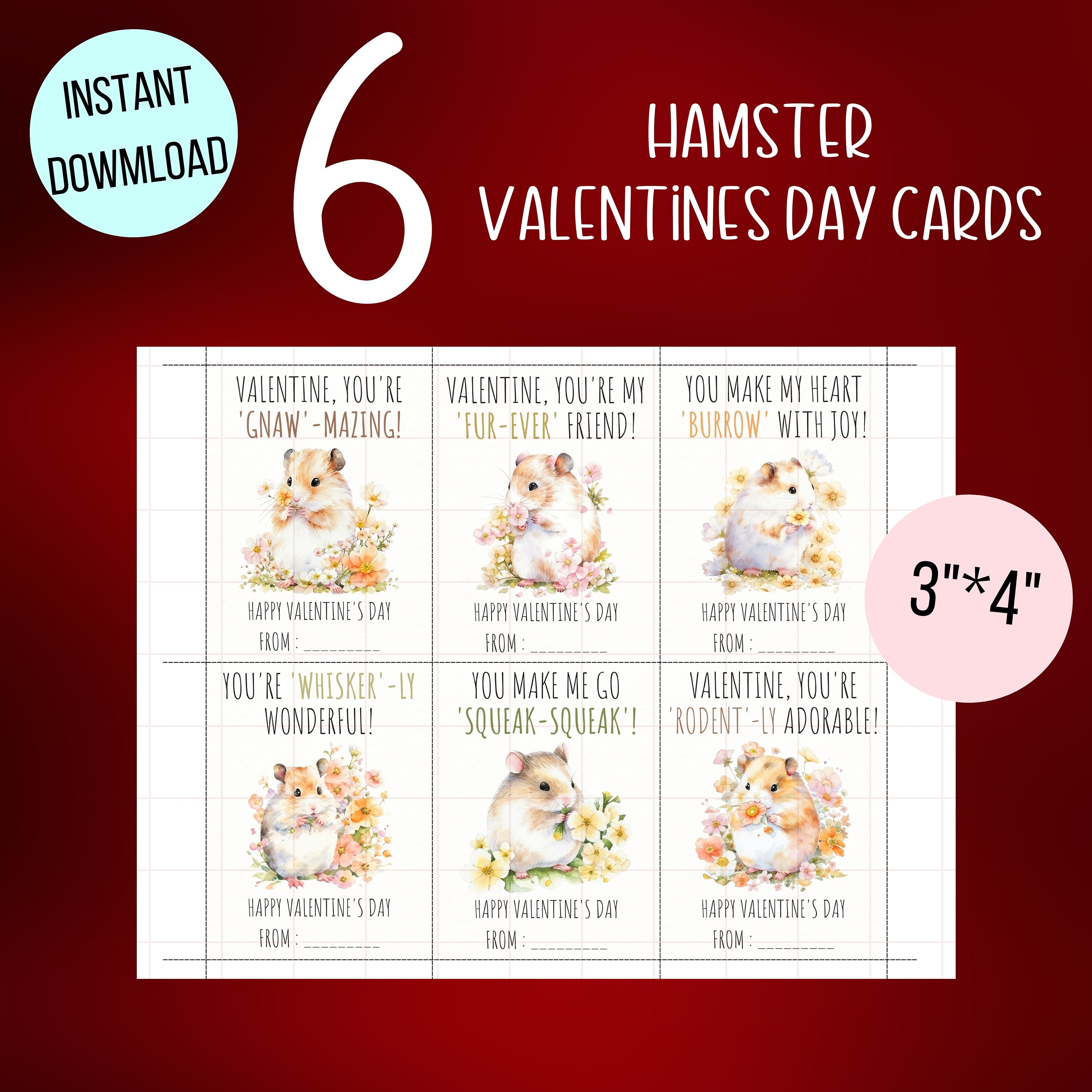 Printable Hamster Valentine's Cards, Cute Hamster Valentines Tags, Cute Hamster Valentines Tag ...