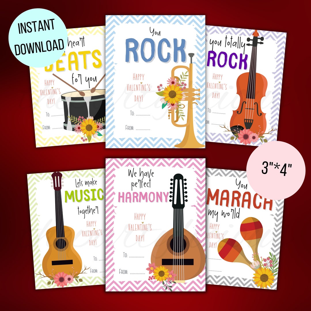 Printable Kids Valentine's Day Cards for School, Musical Instruments ...