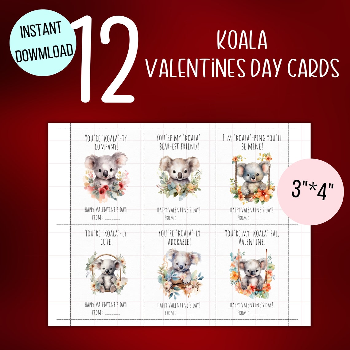 Printable Koala Valentine's Day Cards, Kids Classroom School Valentines ...