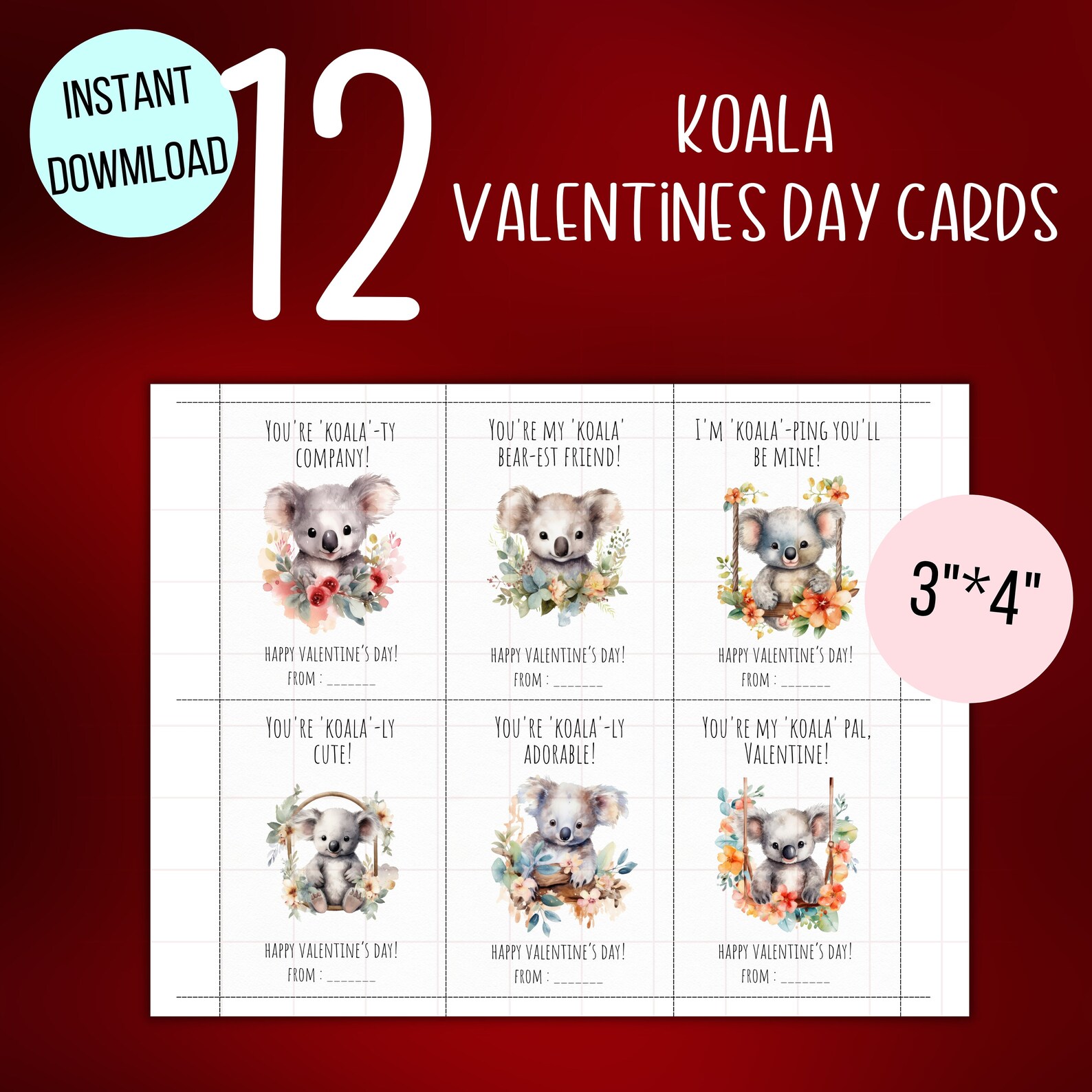 Printable Koala Valentine's Day Cards, Kids Classroom School Valentines ...