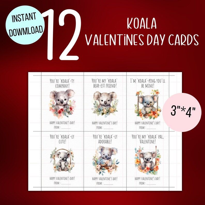 Printable Koala Valentine's Day Cards, Kids Classroom School Valentines ...