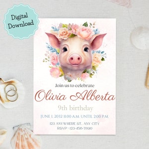 Printable Pig Animal Invitation, Watercolor Pig Birthday Invite, Pig ...