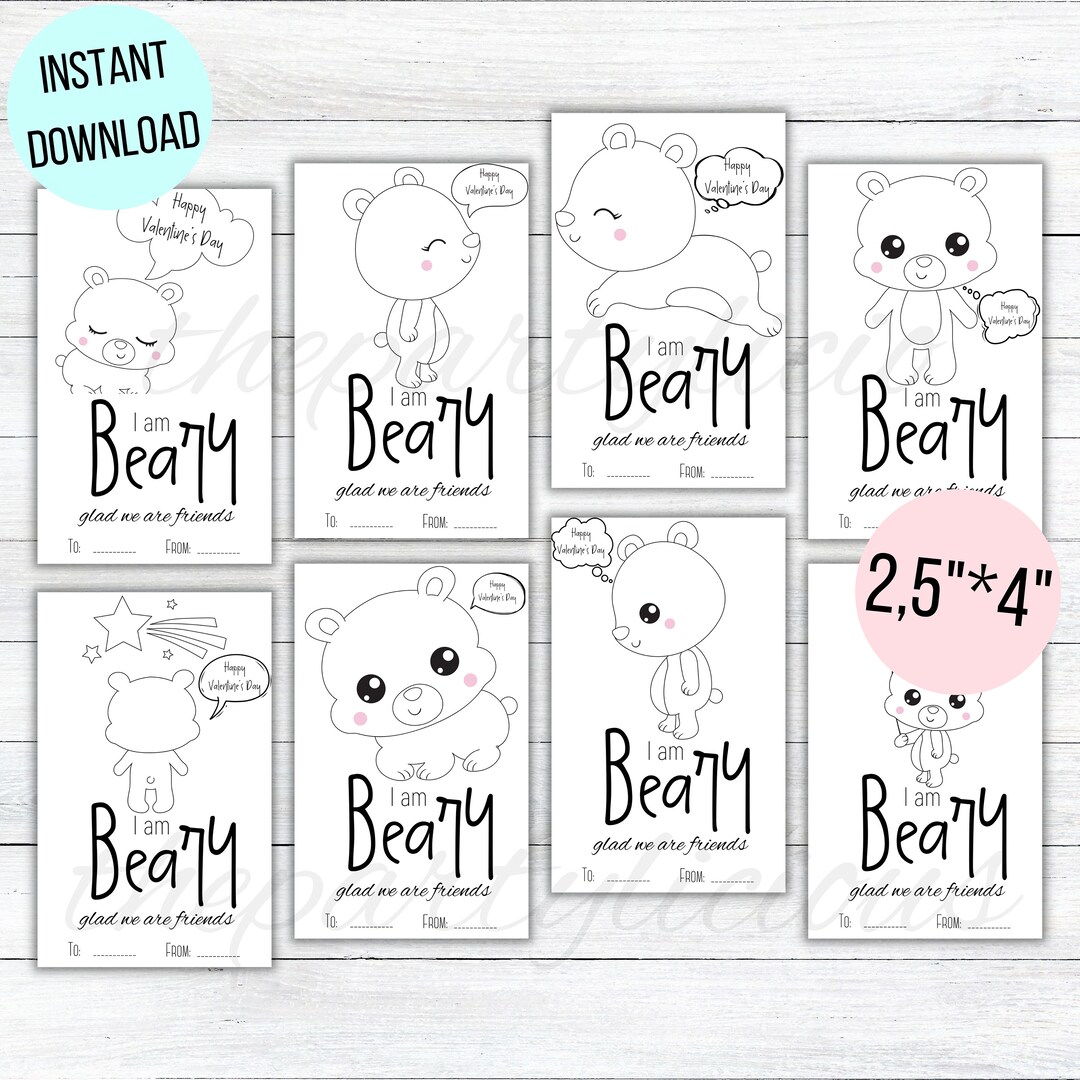Printable Cute Bear Coloring Valentine's Day Cards, Bear School ...