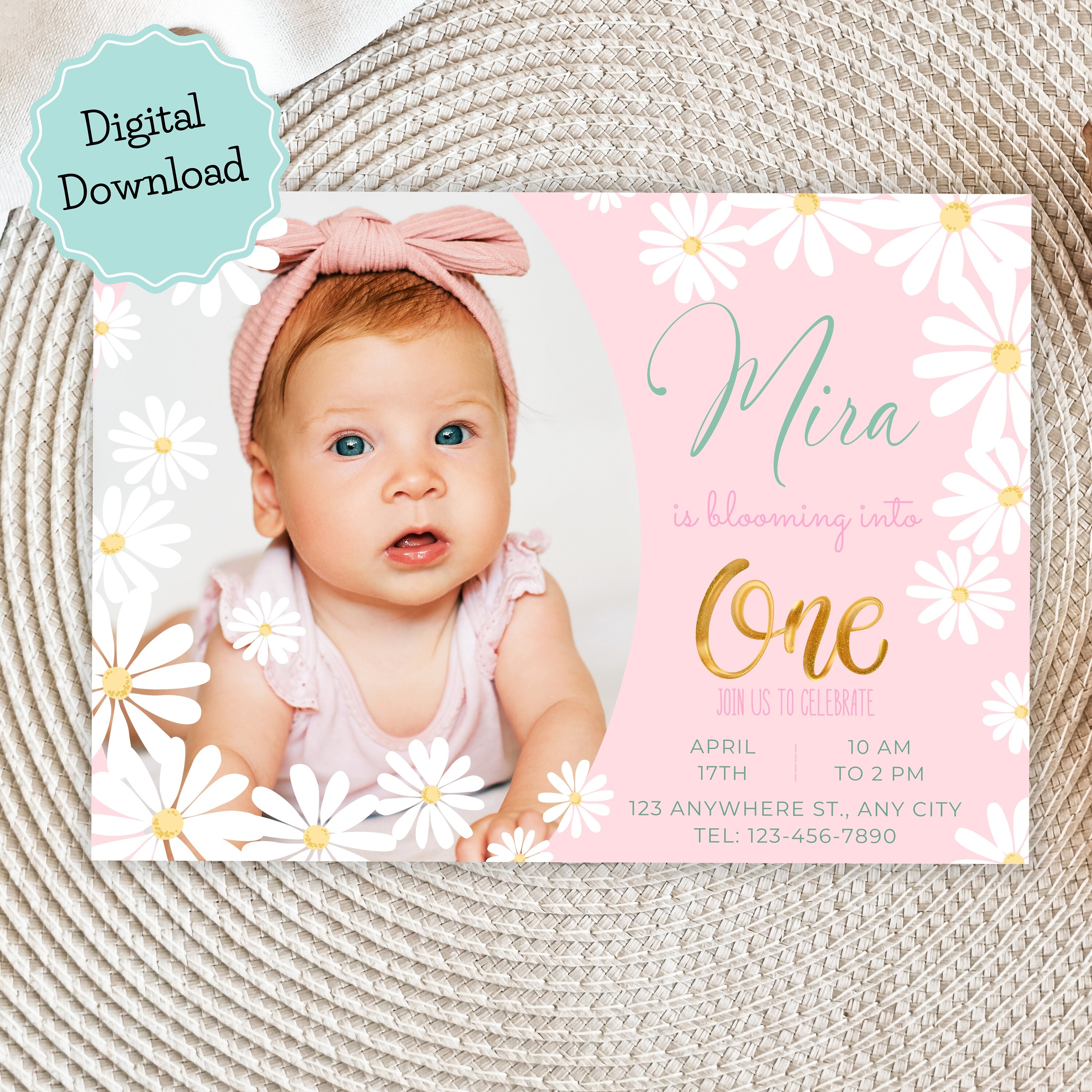 Daisy First Birthday Invitation, Wild One Floral Daisy Birthday Invite ...