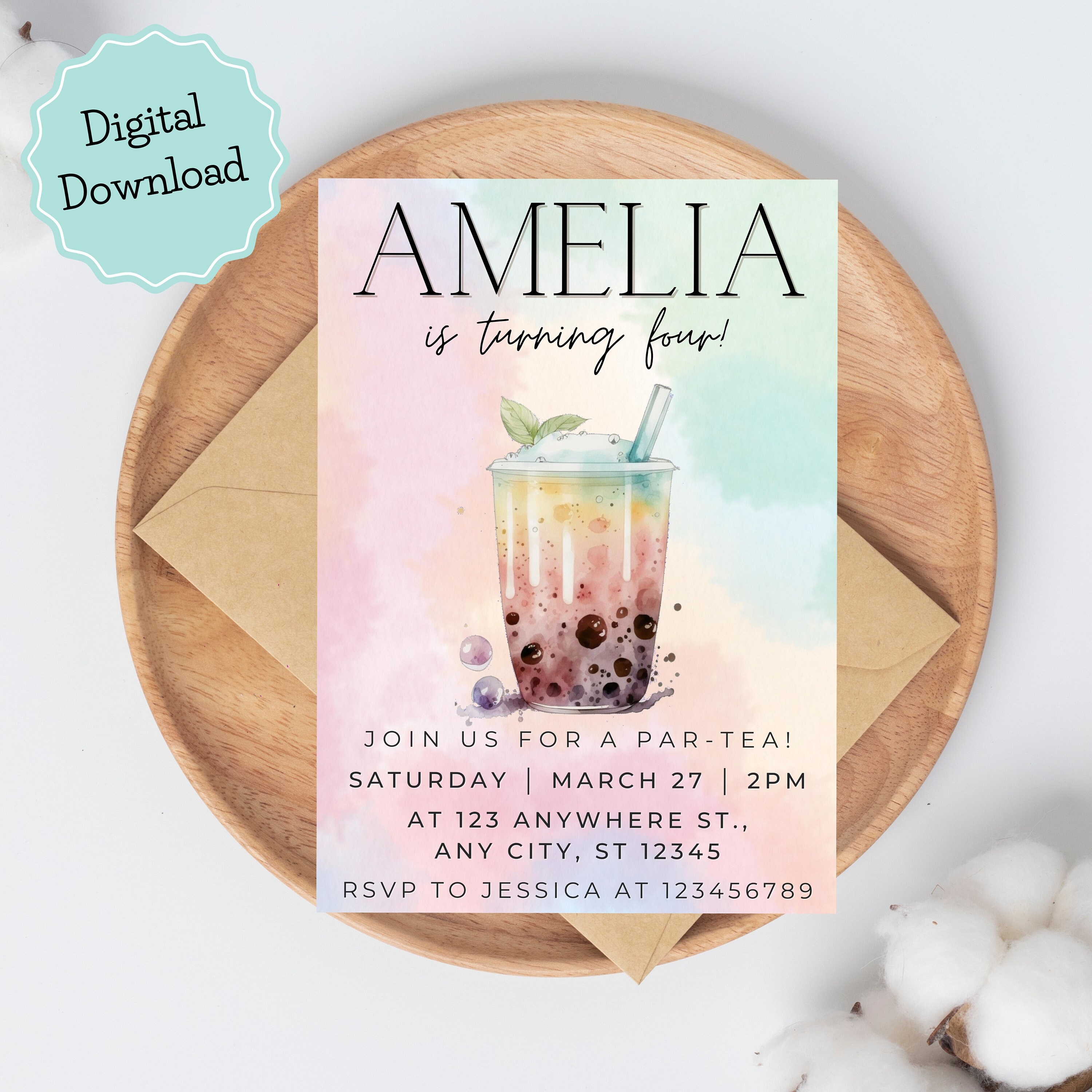 Printable Boba Bubble Tea Birthday Party Invitation, Cute Rainbow ...