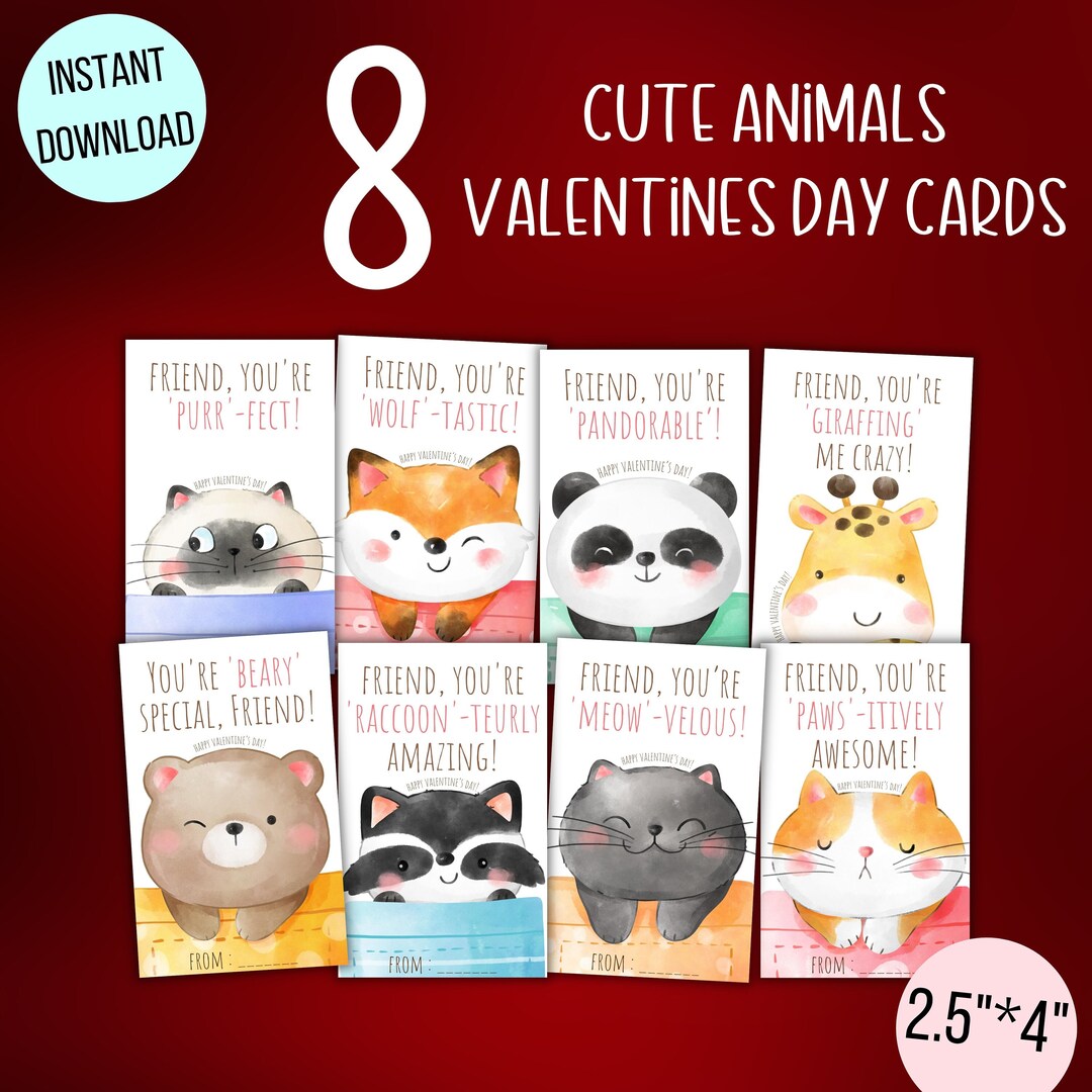 Printable Animals Valentine's Cards for Kids, Cute Wild Animals ...