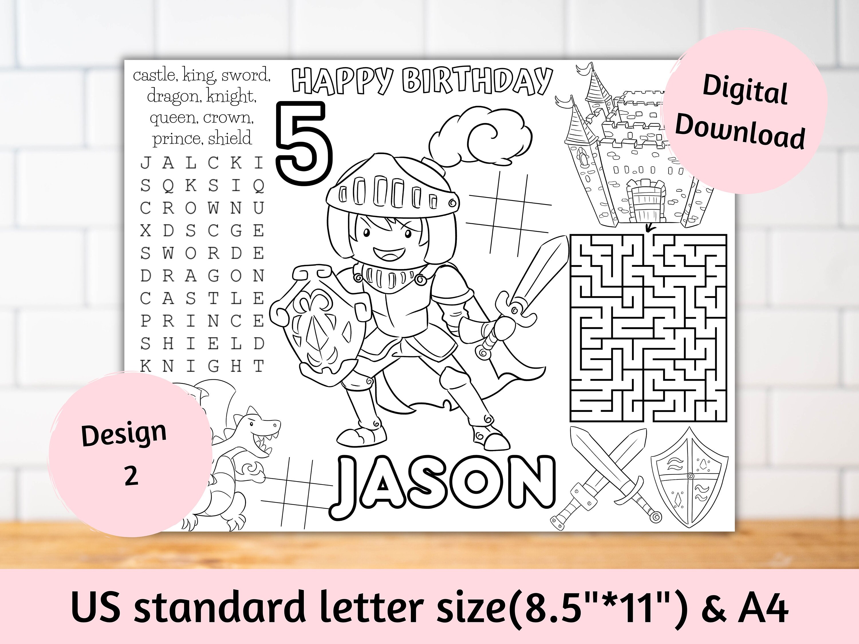 Personalized Knight Prince Coloring Page for Kids, Knight Party Favors ...