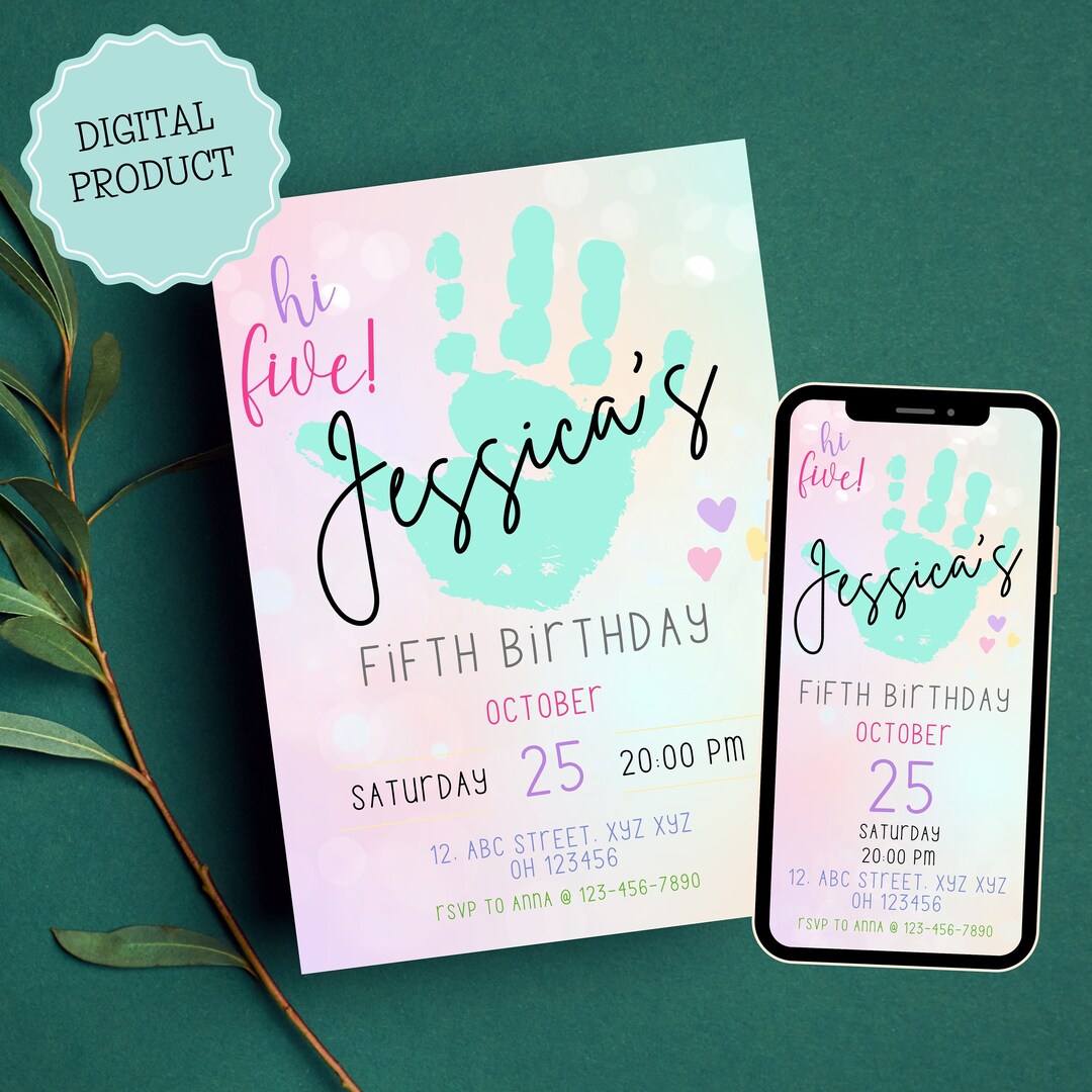 Printable High Five Girls Birthday Invitation, Hi 5 Birthday Invite, Hi ...