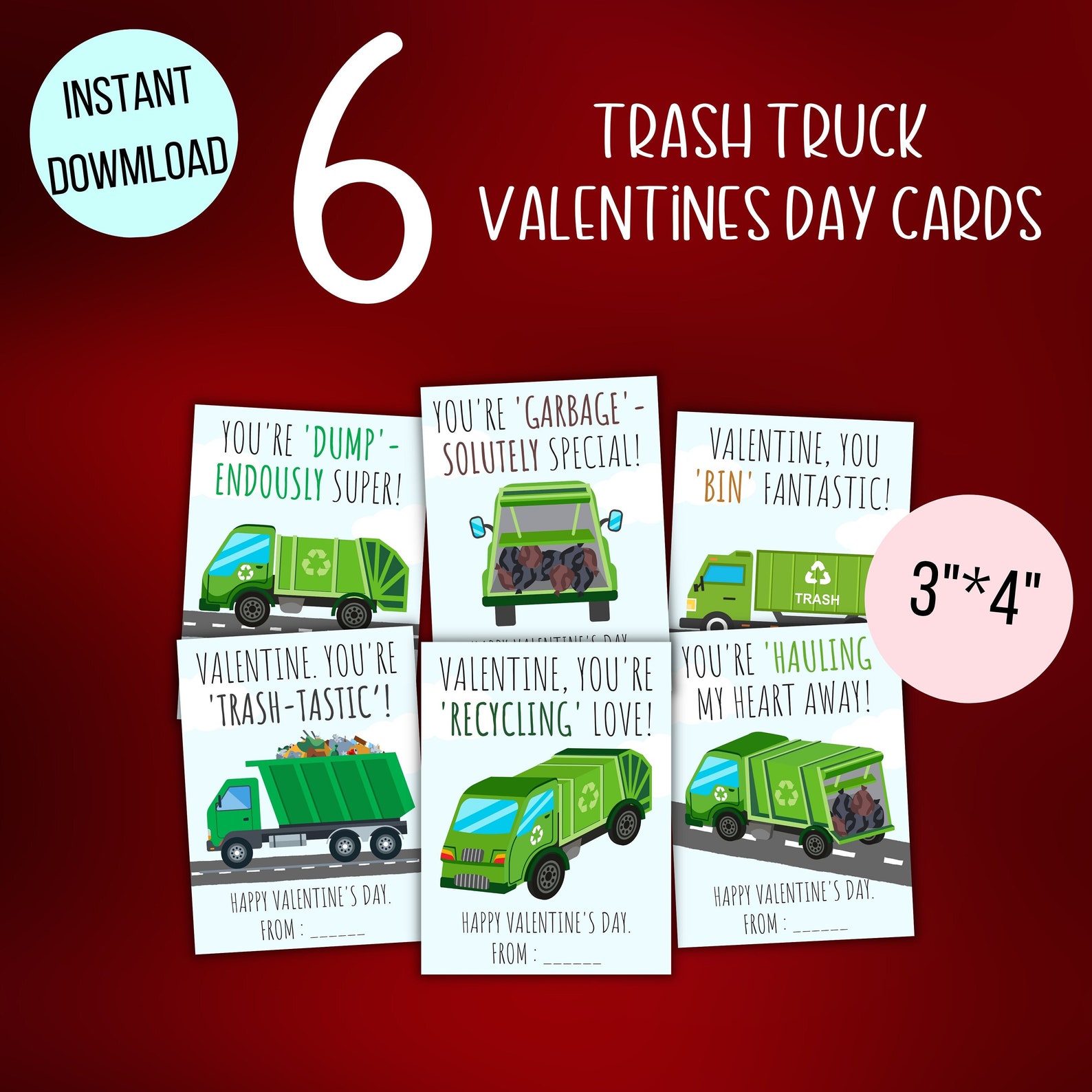 Printable Trash Truck Valentine's Cards, Kids Garbage Truck Valentines ...