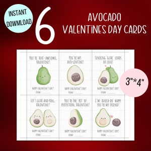 Printable Avocado Valentines Cards for Kids, Kawaii Watercolor Avocado ...