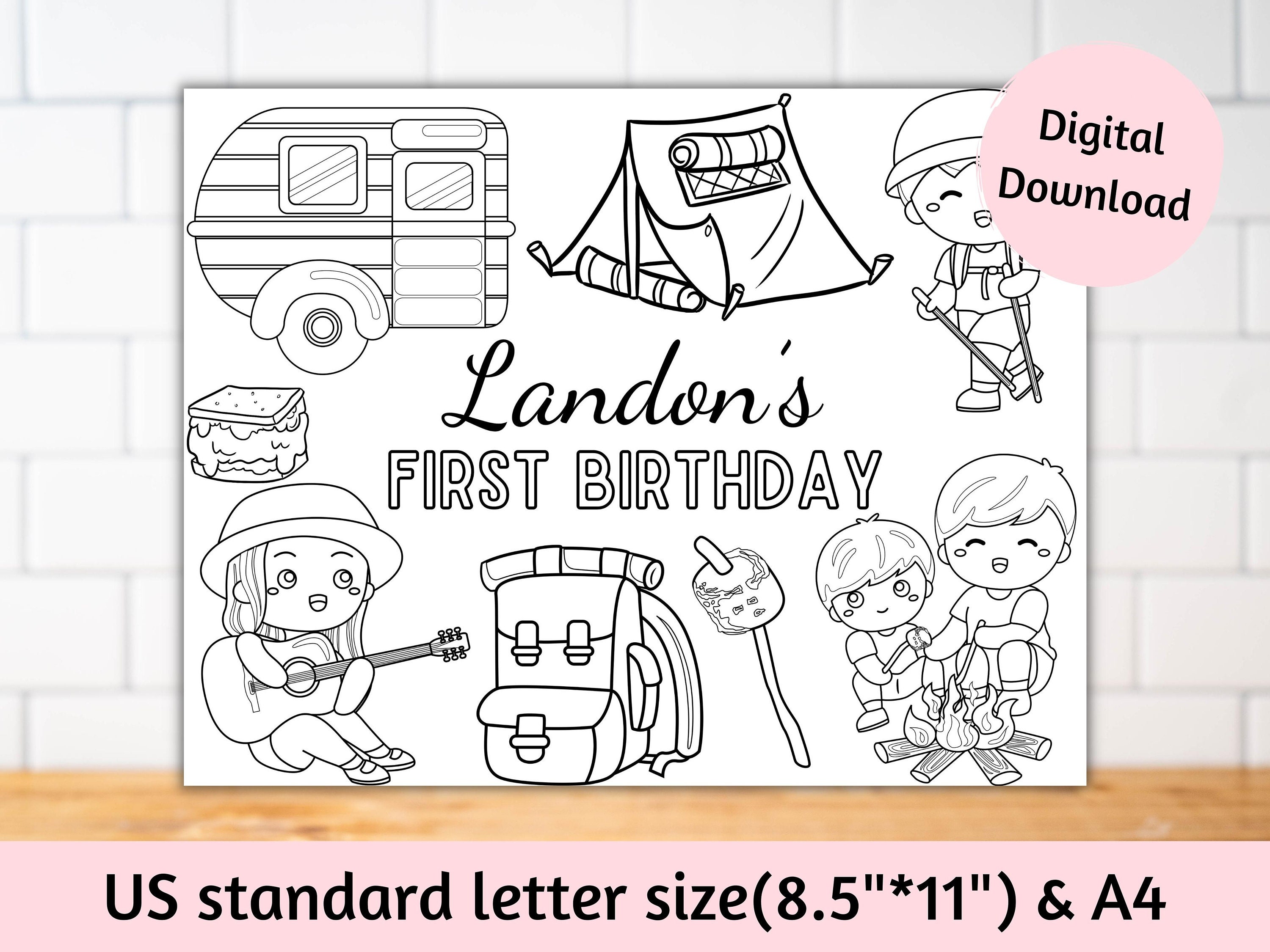 Personalized Camping Coloring Page for Kids, Camping Birthday Party ...