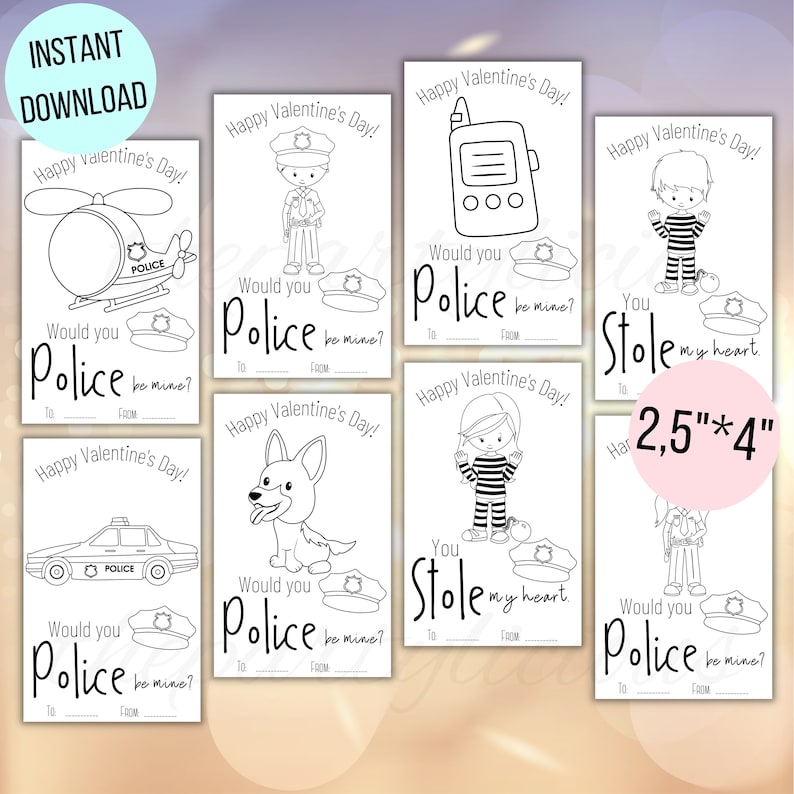 Printable Police Coloring Valentine's Day Card, Police Valentine Cards ...
